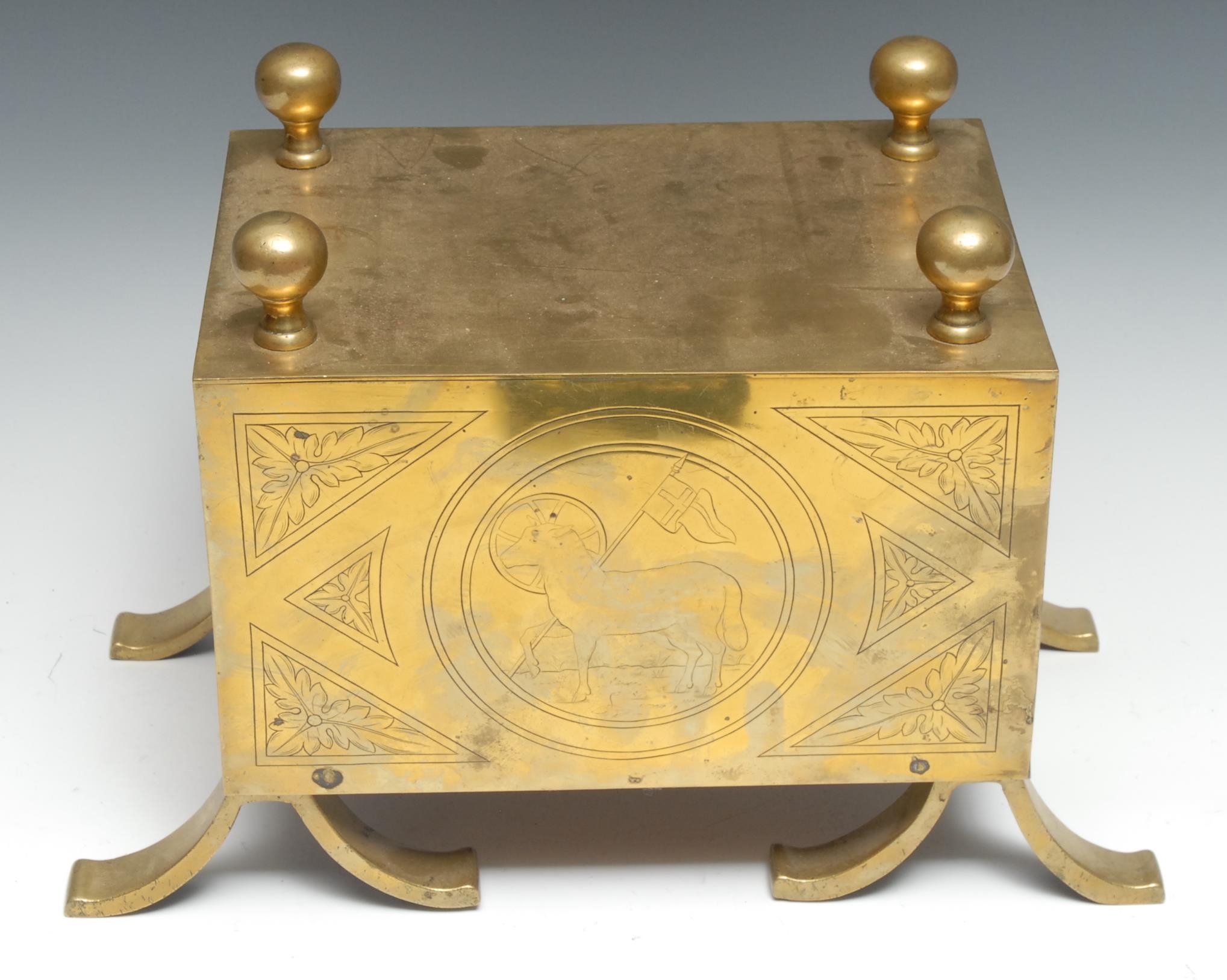 A Reformed Gothic brass rectangular bible stand, engraved with Agnus ...