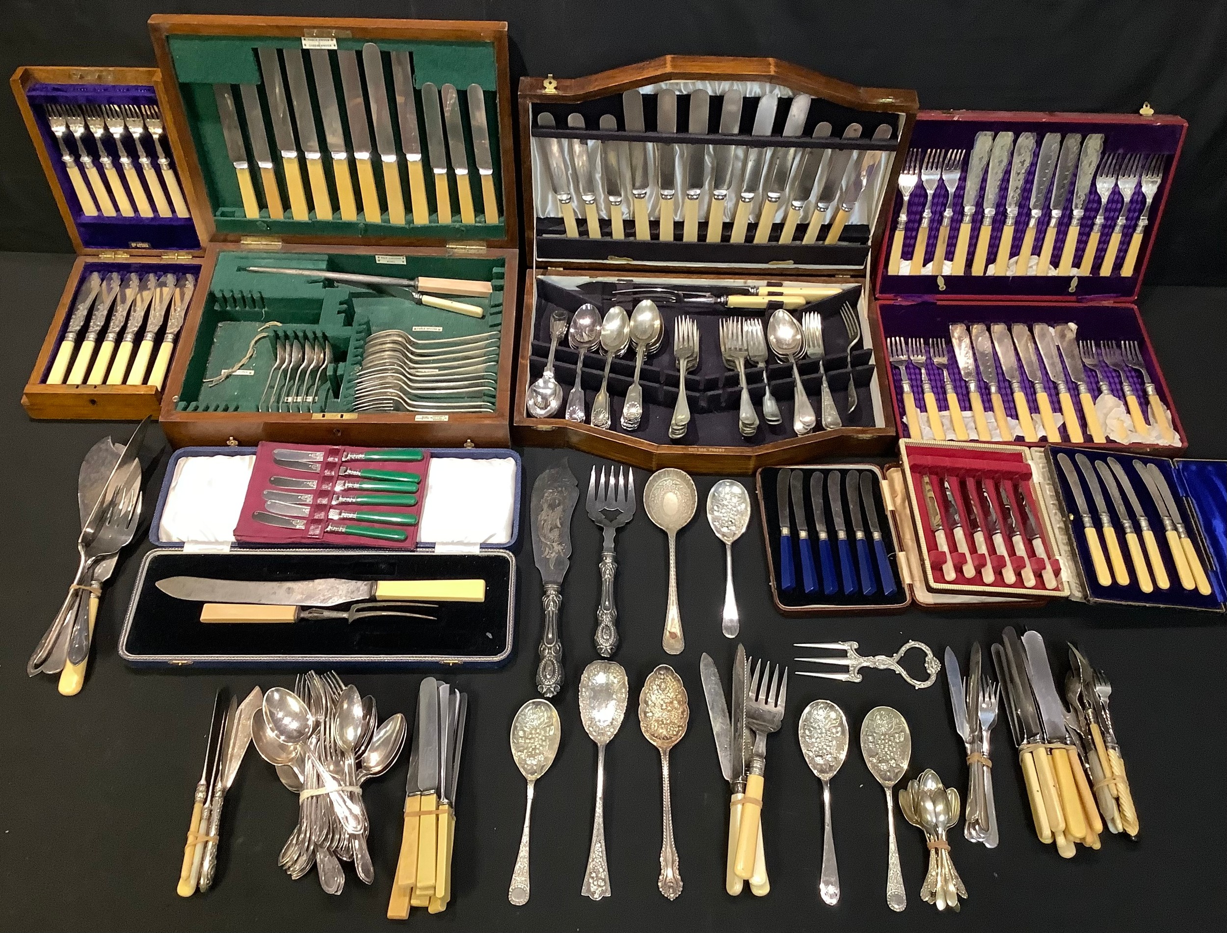 Flatware - an Edwardian fish service for six, oak cased; part canteens ...