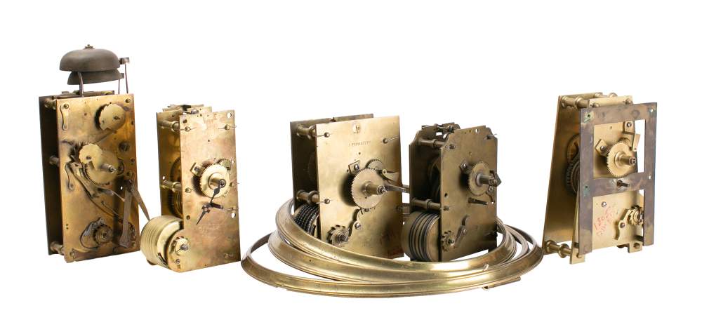 Five fusee movements and three cast-brass clock bezels: including Fredk ...