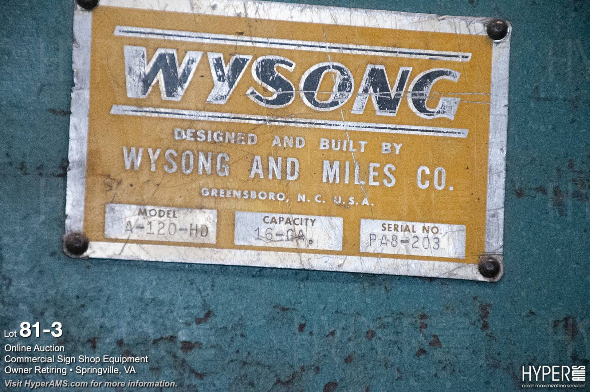 Wysong A-120-HD, s/n PA8-203, 16ga. Cap. 10' shear, pneumatic