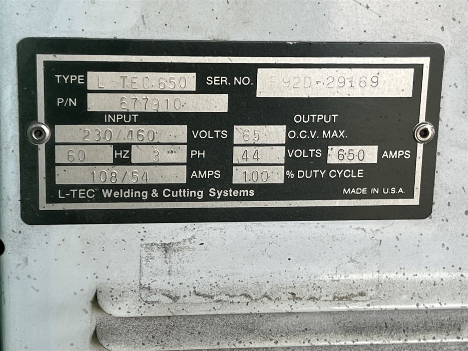 L-TEC 650 CV/CC ARC Welder, s/n F92D-29169 (Building 44)