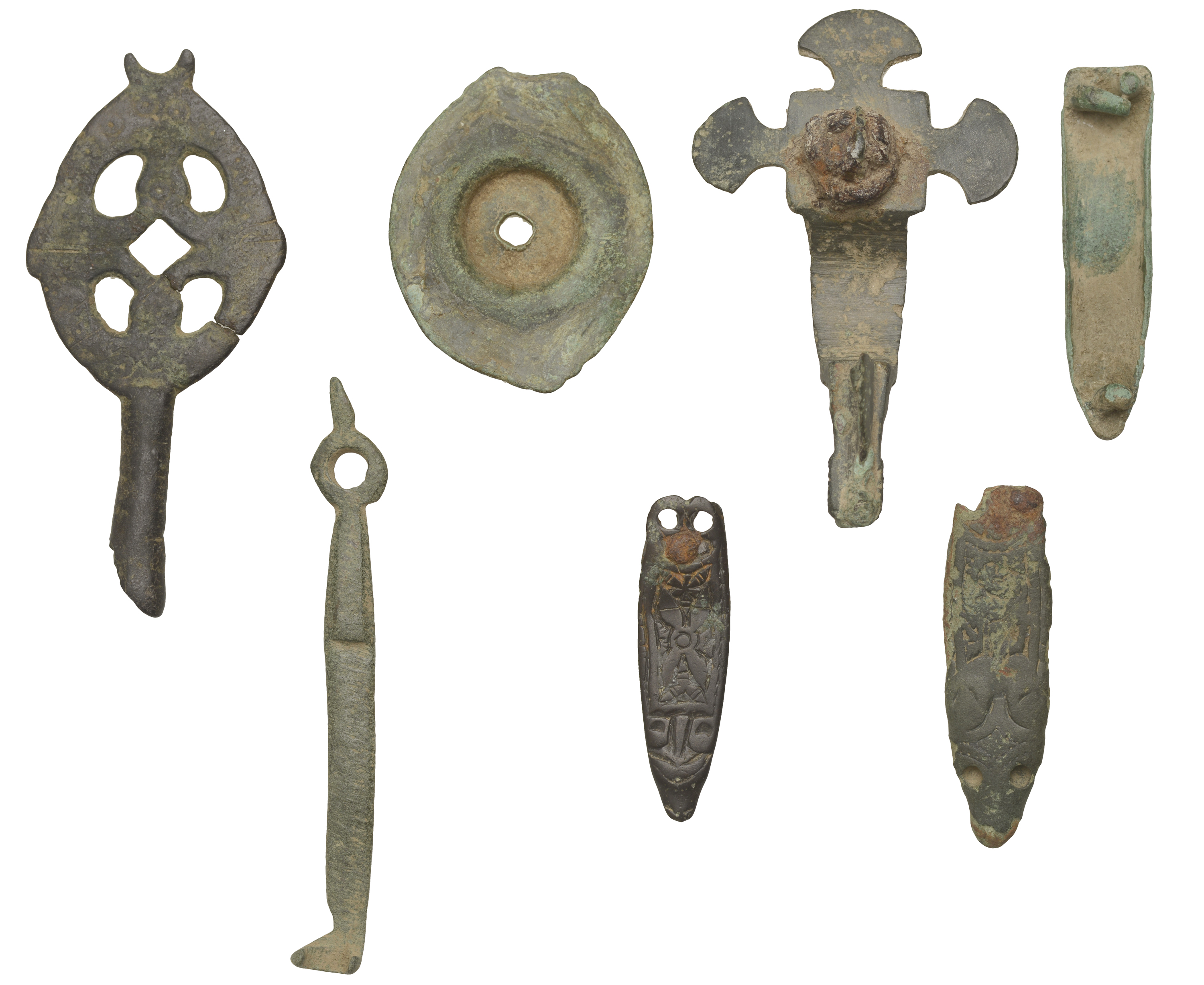 Anglo-Saxon, bronze artefacts (7), 6th-11th century, including disc ...