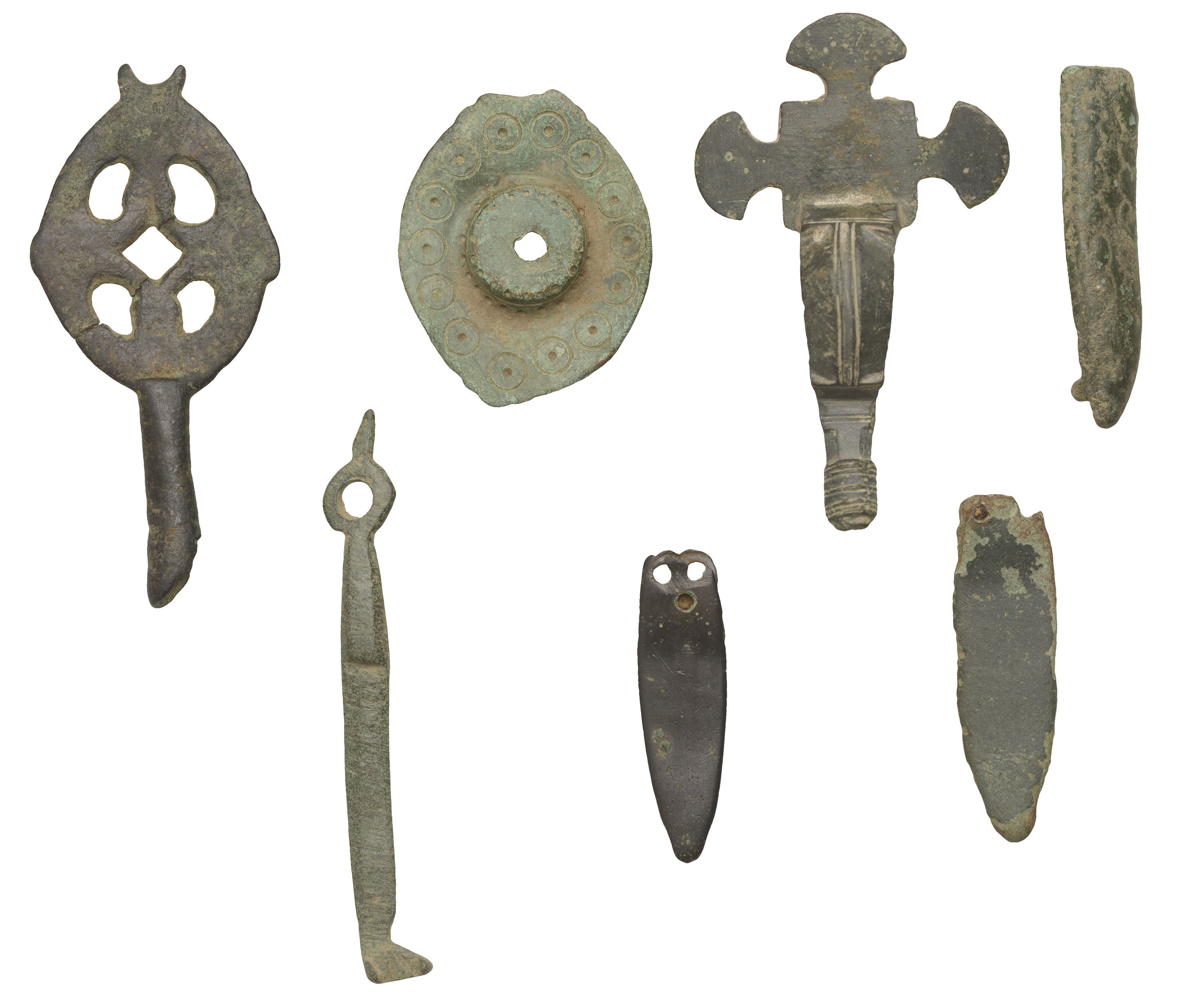 Anglo-Saxon, bronze artefacts (7), 6th-11th century, including disc ...