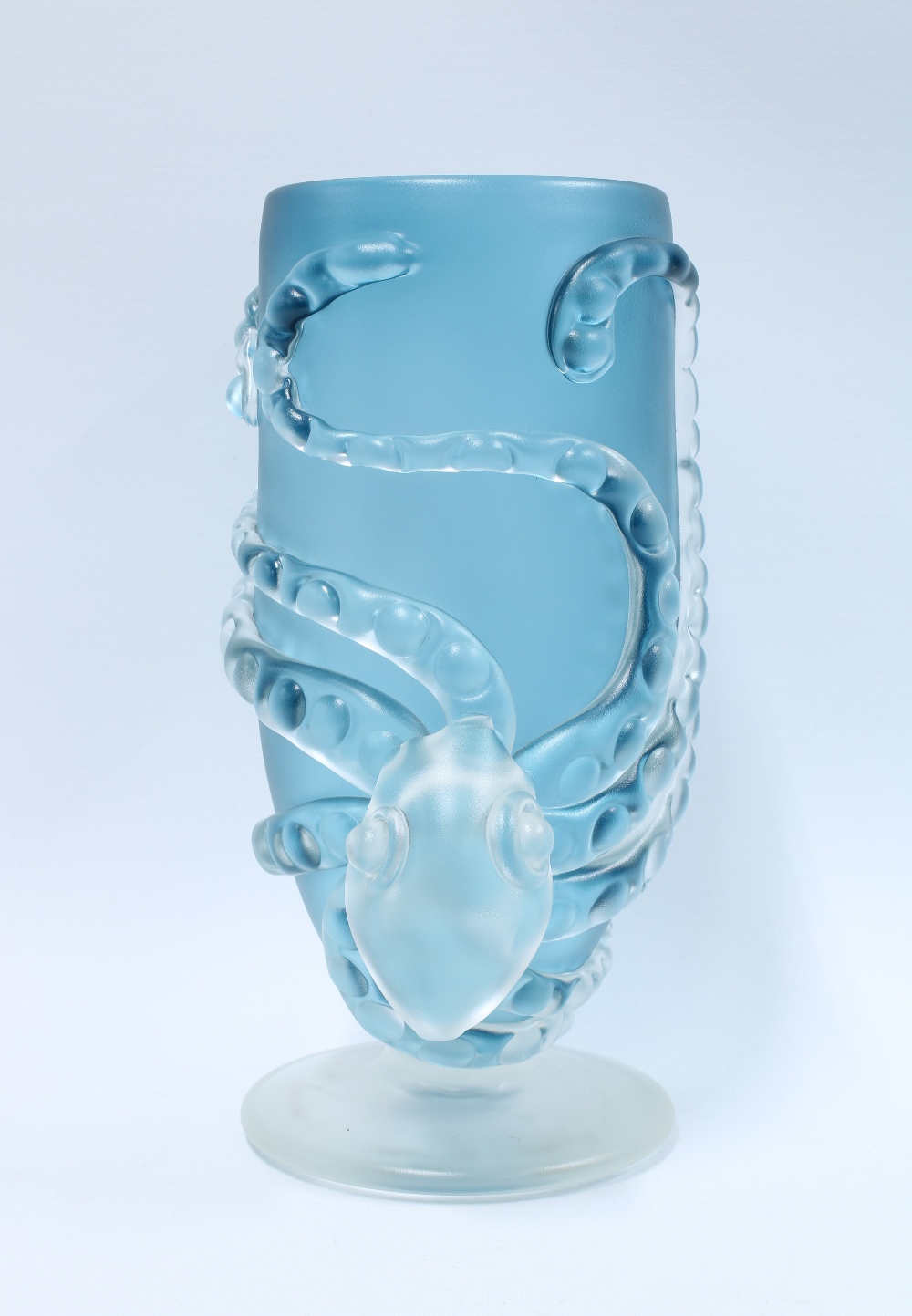 Iestyn Davies blue glass Octopus vase, on a plain footrim, 28cm.