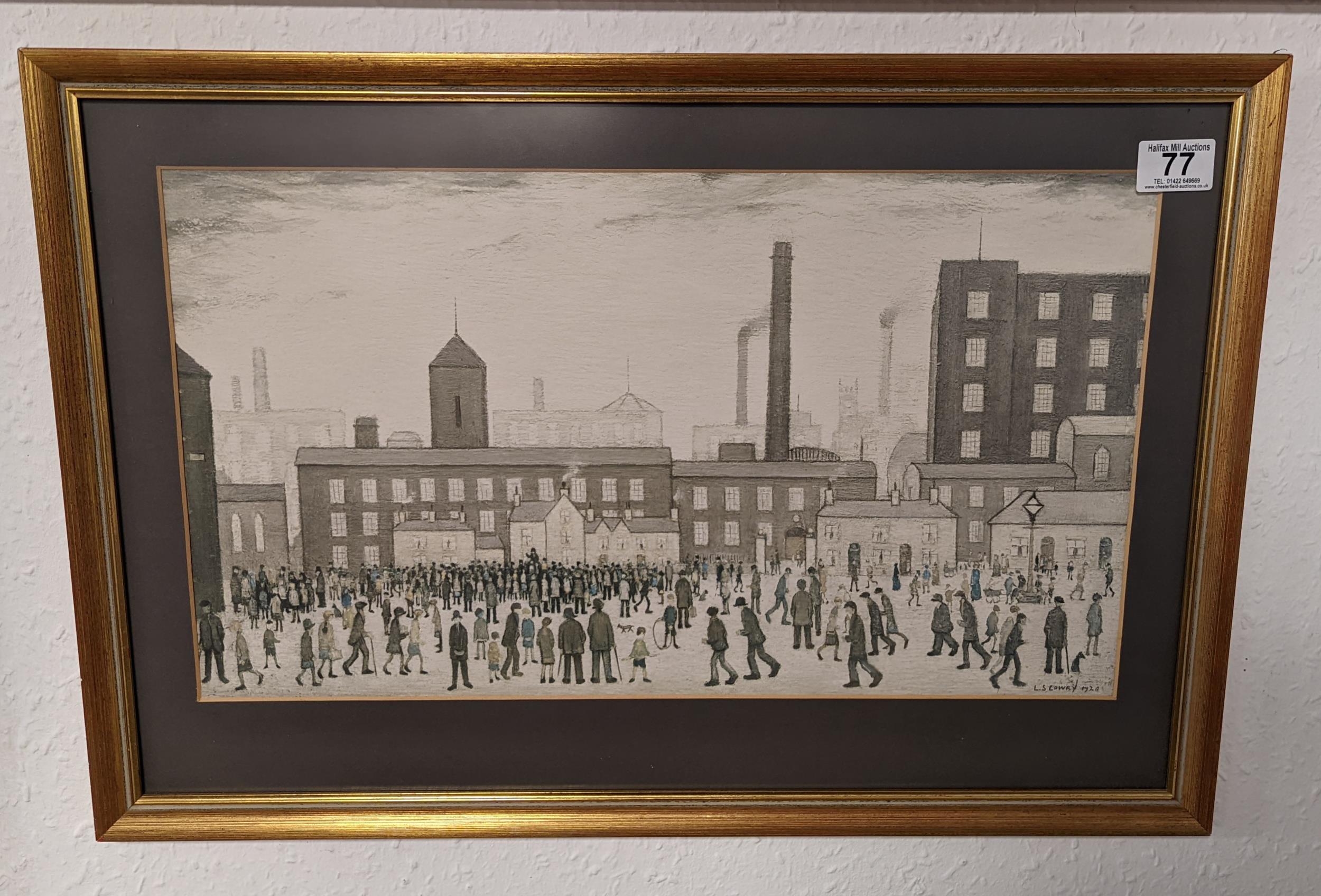 LS Lowry Industrial Street Scene Print w/1928 signature - 61x41cm inc frame