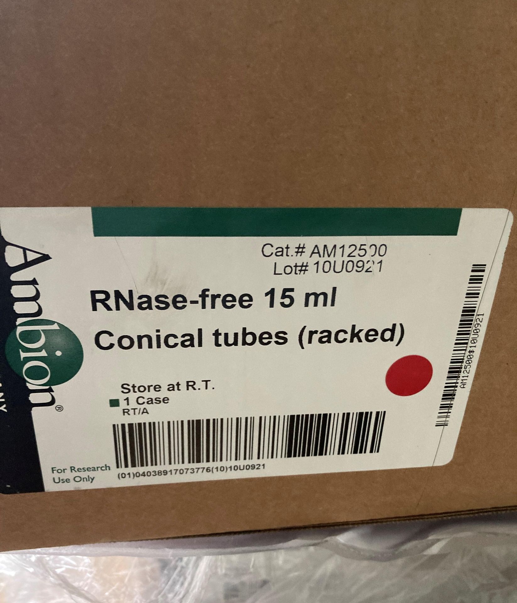12 boxes of Ambion RNase-free 15ml Conical tubes (racked) (500 tubes ...