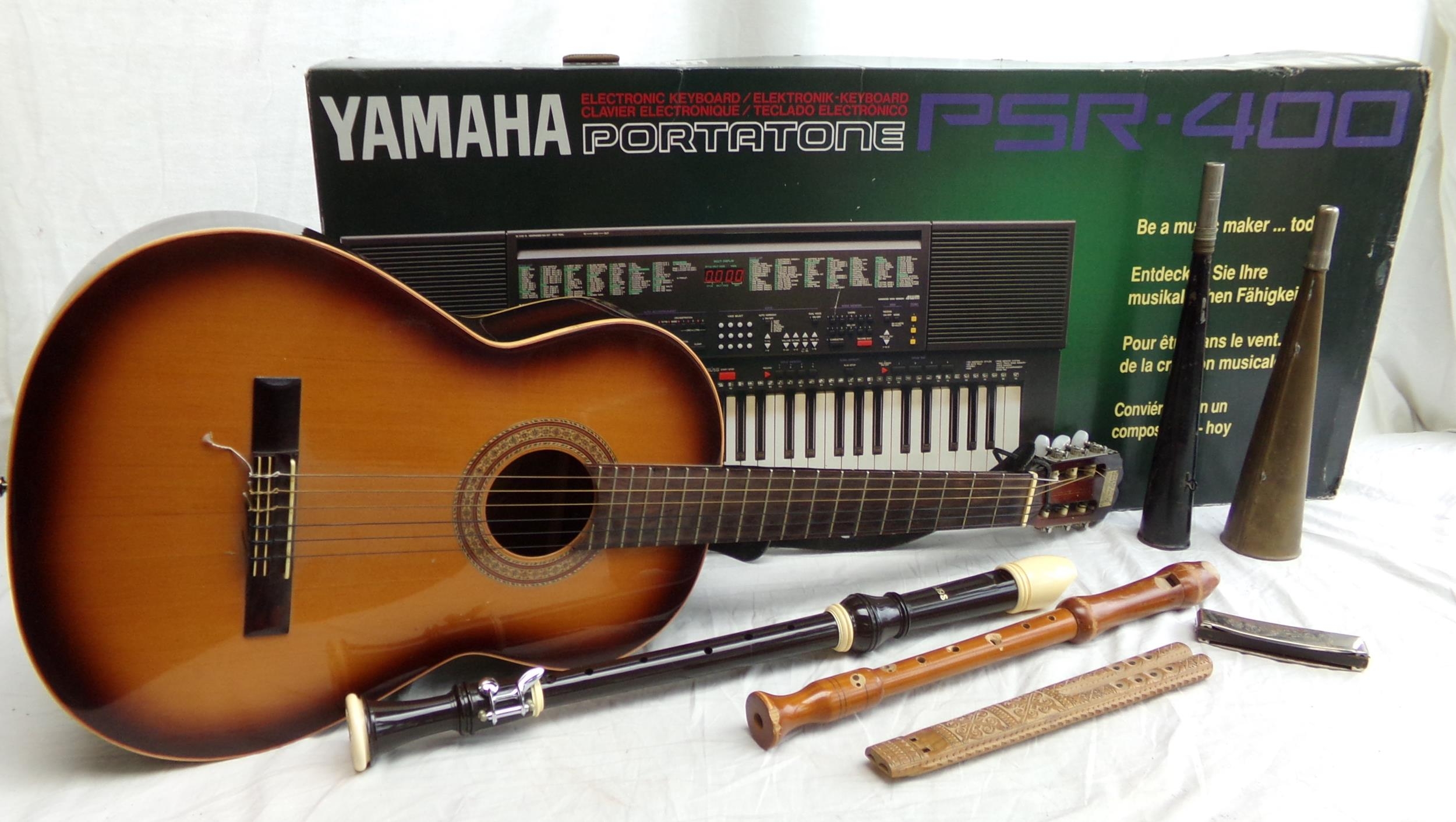 Amira Spanish acoustic guitar, Aulos recorder, boxed Yamaha Portatone ...