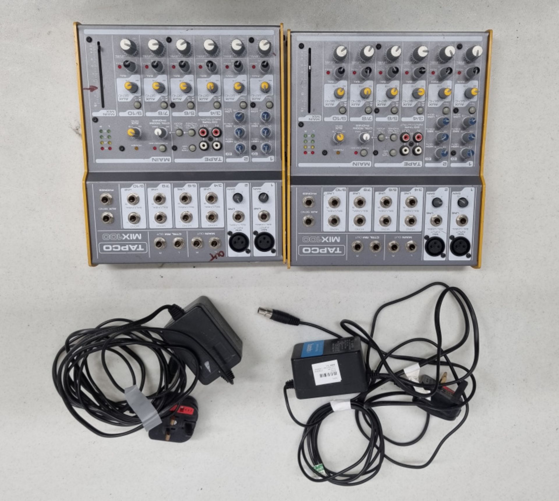 2 x Tapco mix100 channel mixers in flight case