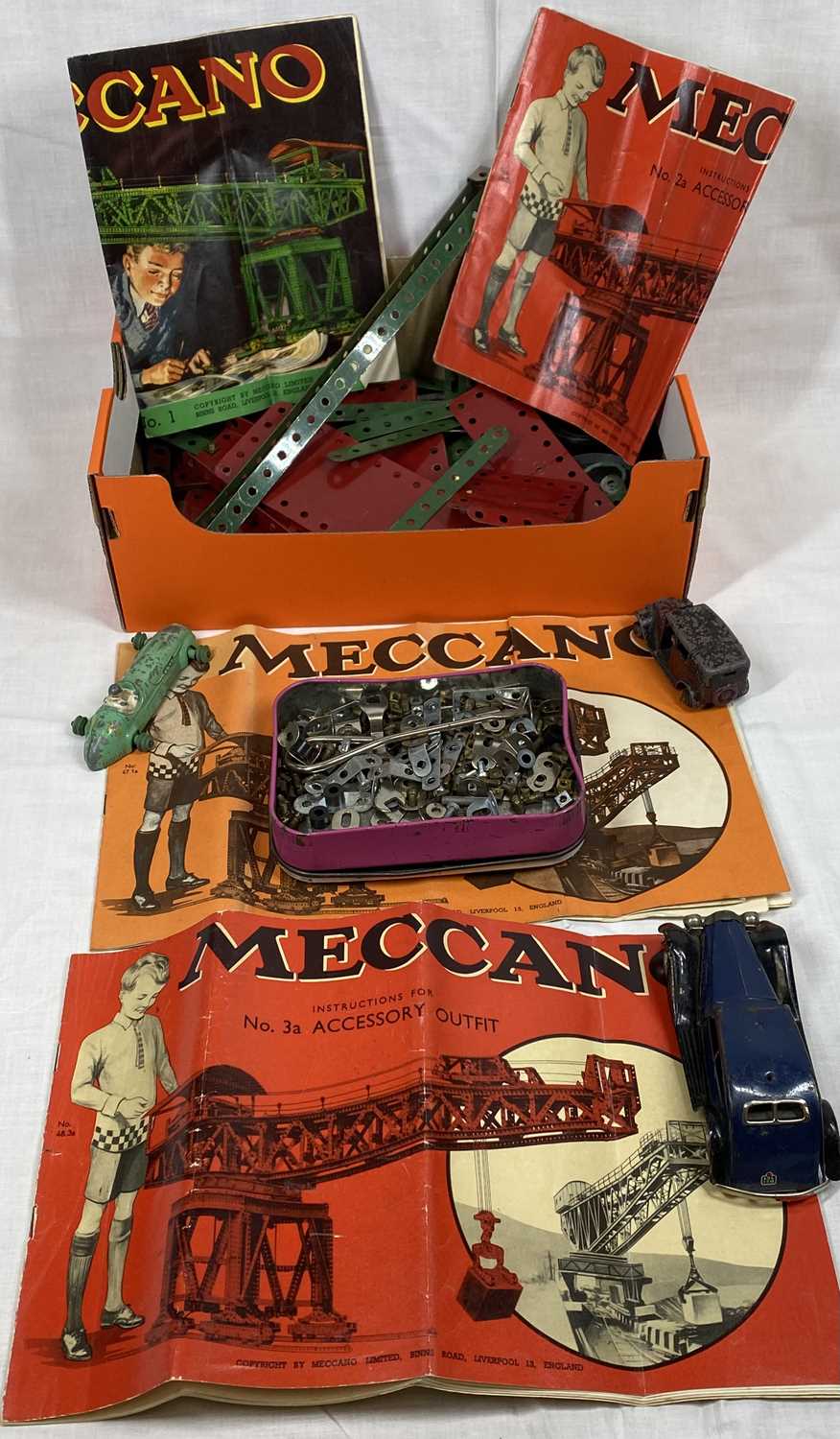 VINTAGE MECCANO, associated booklets and three old diecast and tin ...