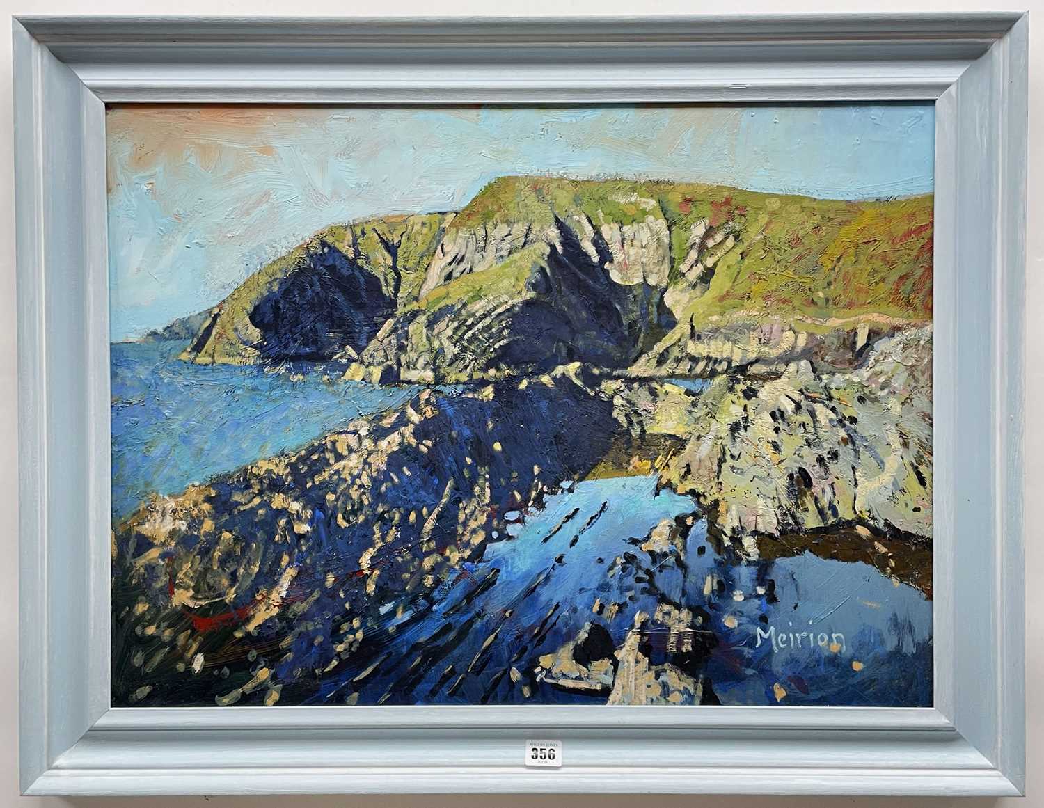 MEIRION JONES acrylic on board - coastal scene, entitled verso 'Ceibwr ...