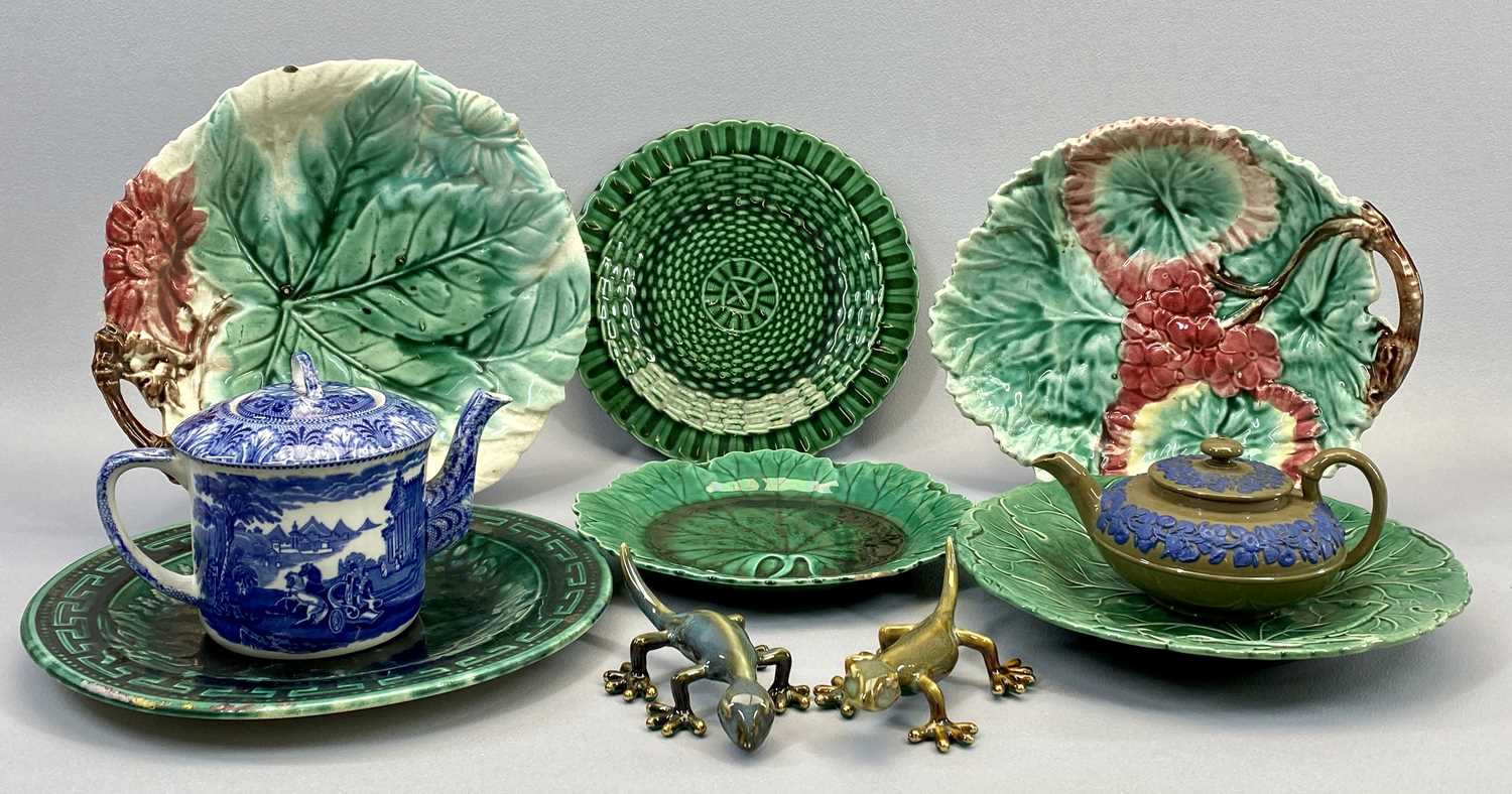 GREENLEAF & MAJOLICA PLATES, Wedgwood and Cauldon teapots and two boxed ...