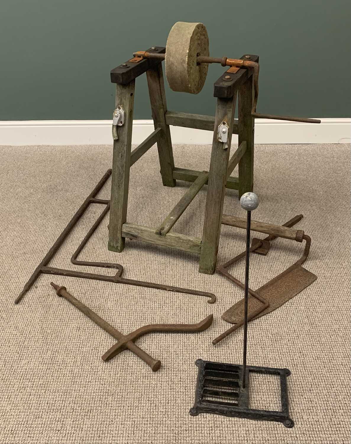VINTAGE STONE GRINDER ON FRAME, 97cms H, 83cms W, 71cms D and a mixed ...