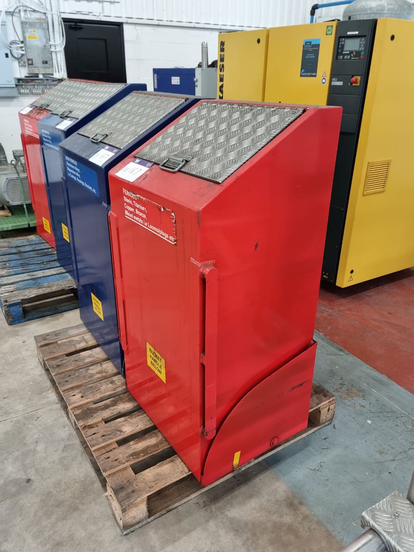 Two Steel and Aluminium metal waste Bins one red one blue very heavy ...