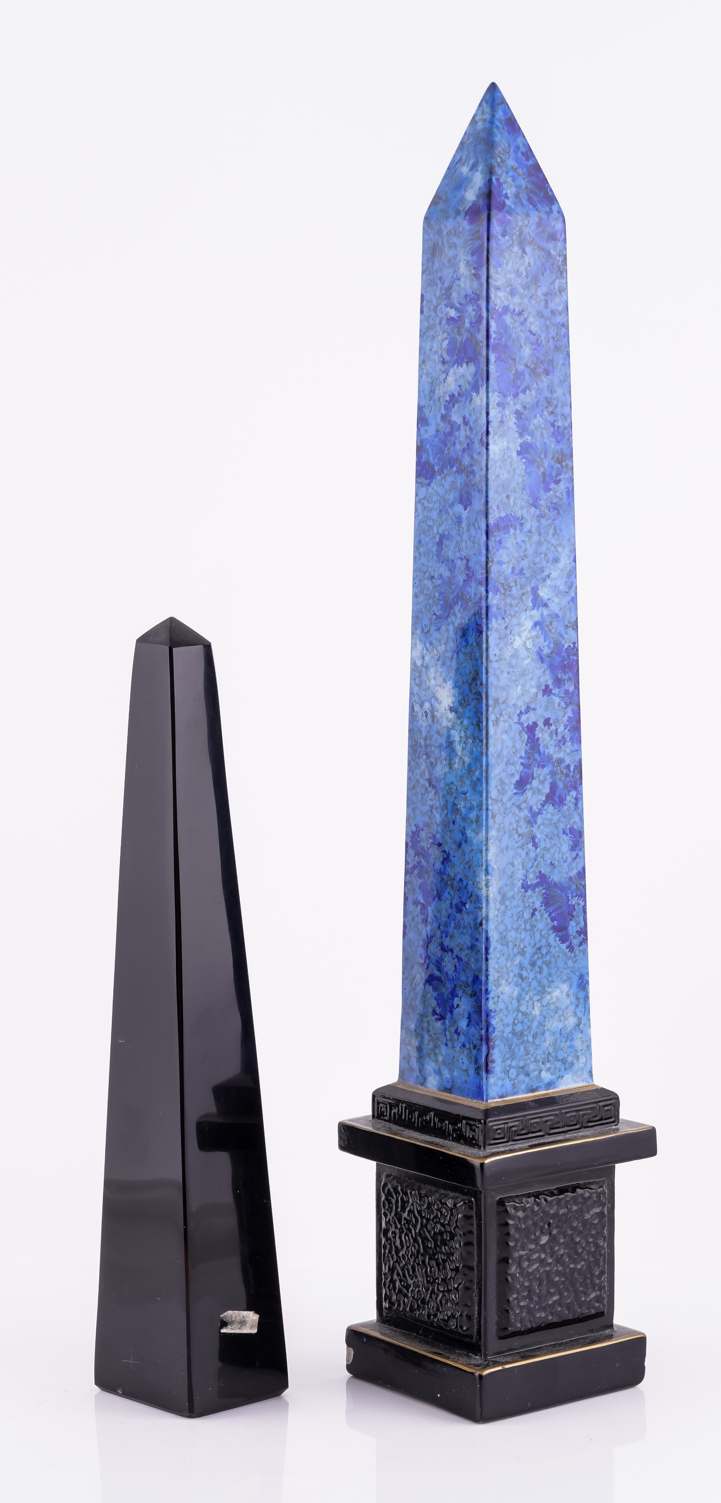 TWO OBELISKS: A HOLKHAM POTTERY LAPIS-LAZULI GLAZED OBELISK AND AN ...