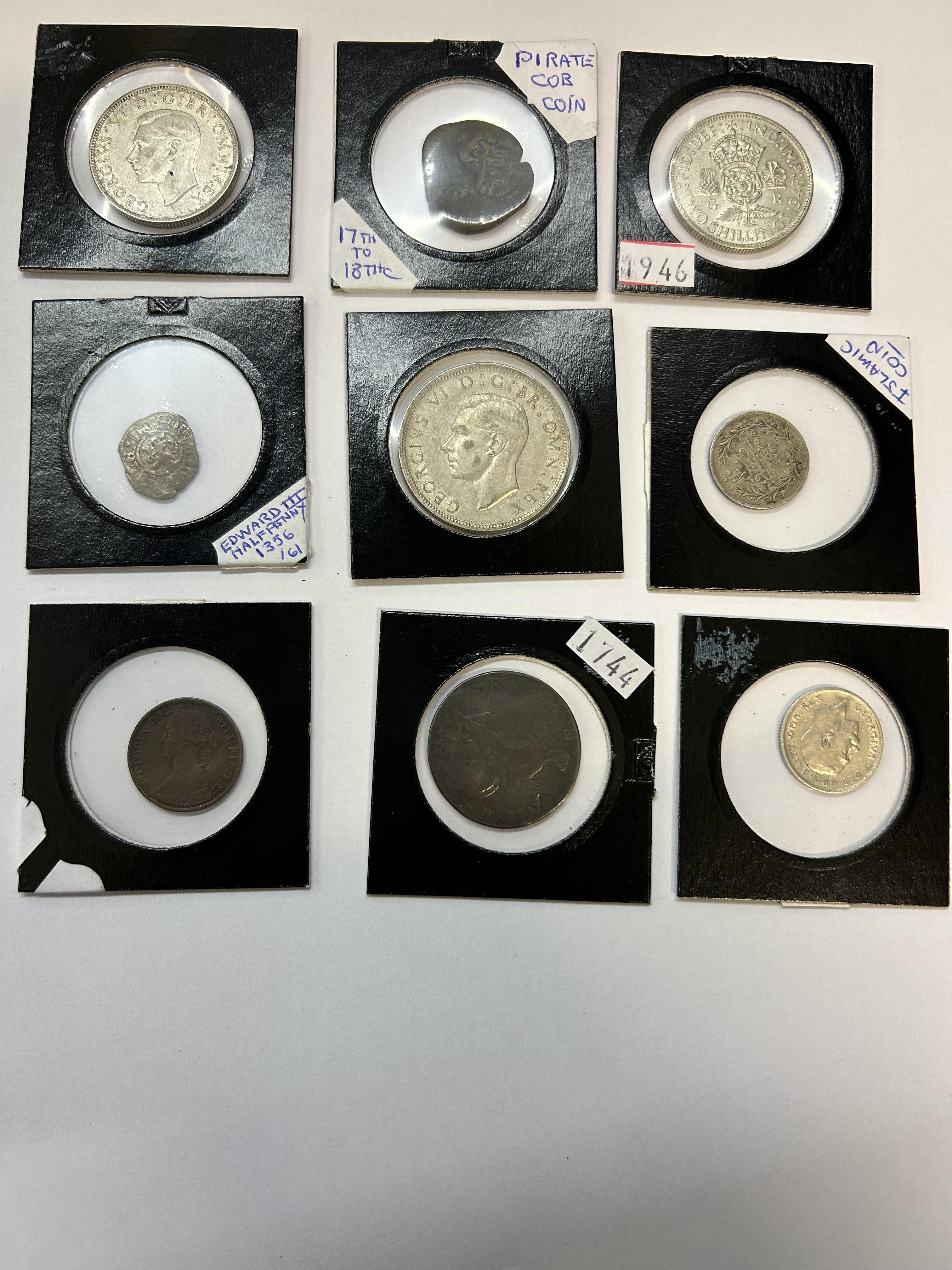Coins - 1356-1361 silver half penny, 17/18th cob 1744 1/2d & silver 1/2 ...