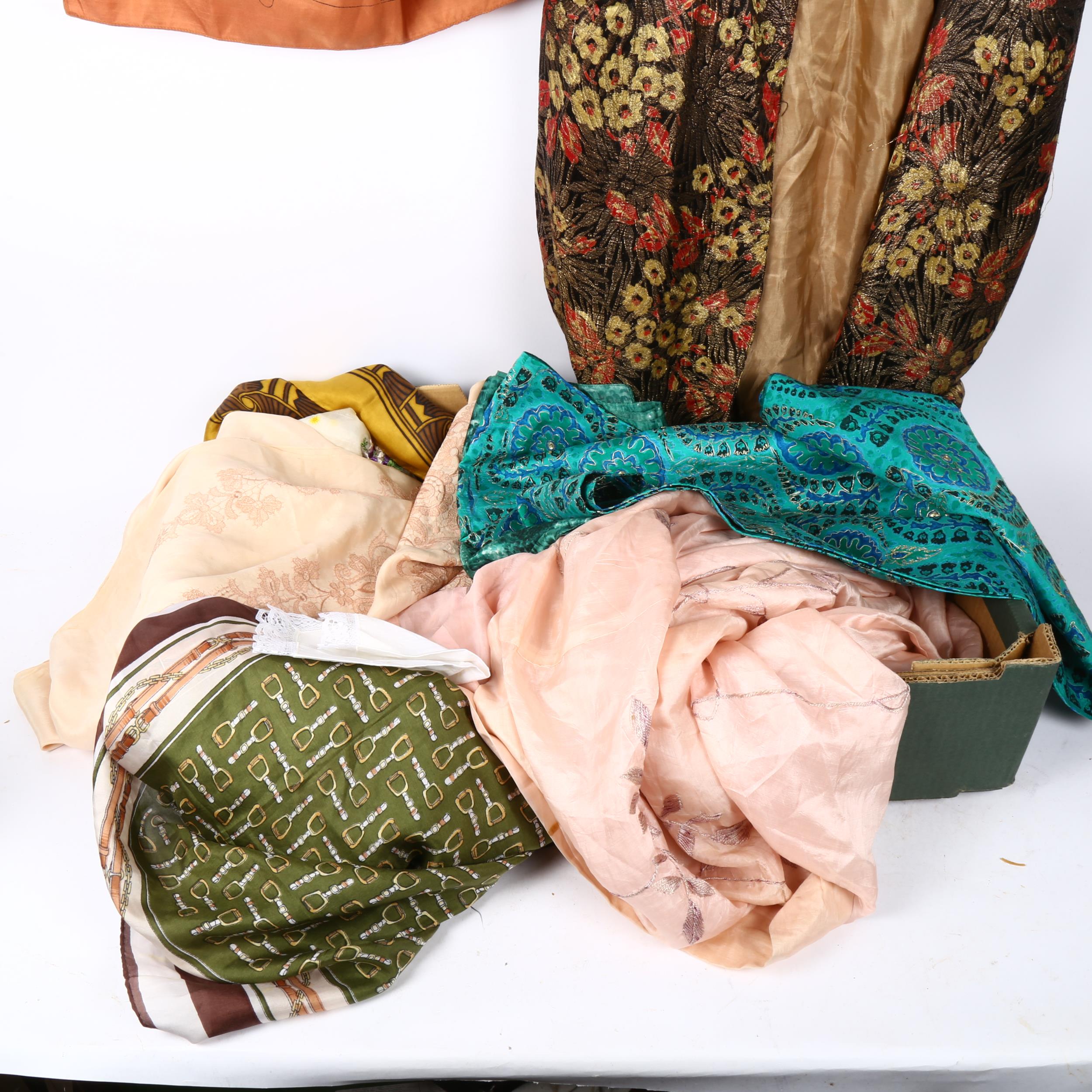 Vintage textiles and silk scarves, including Mary Quant (boxful)