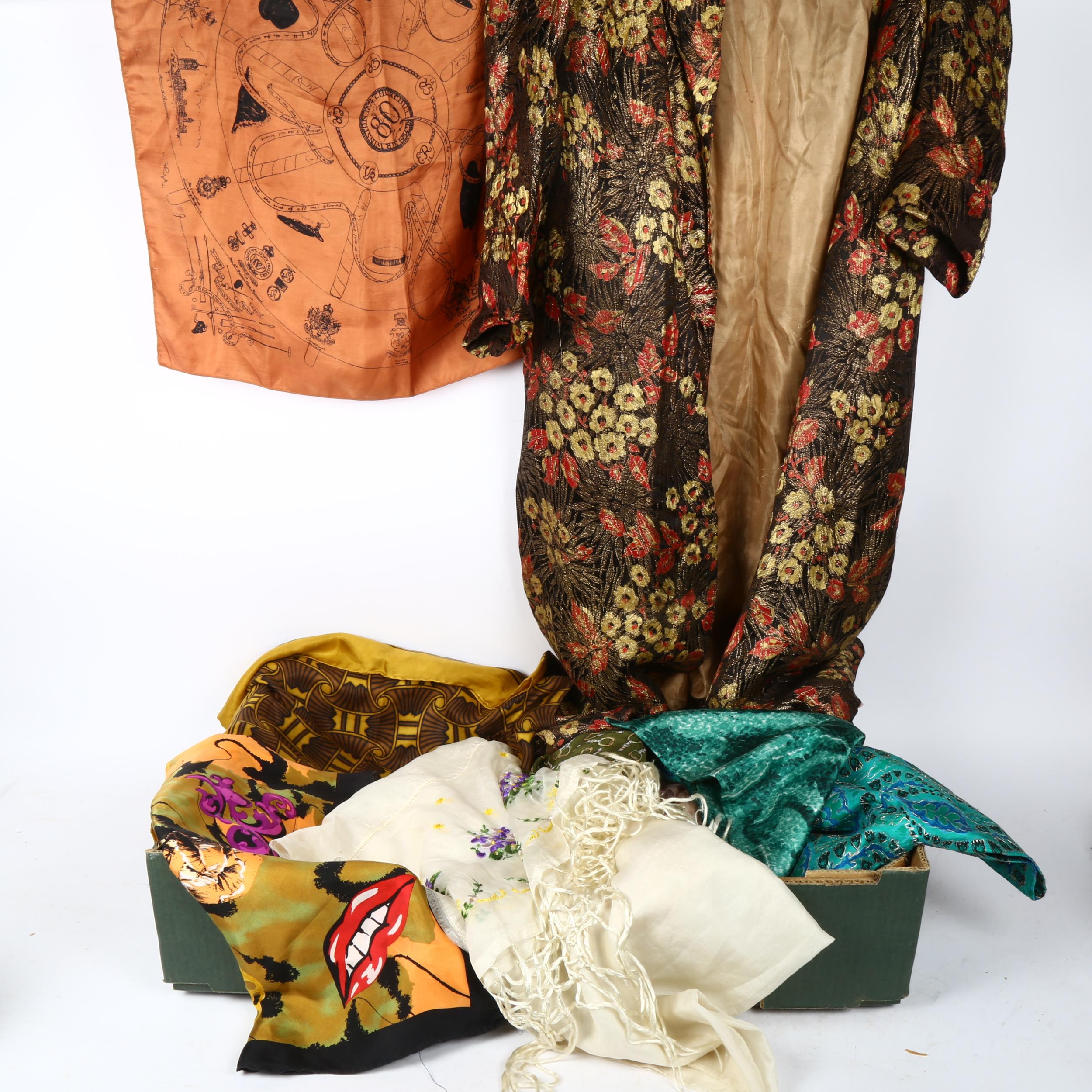 Vintage textiles and silk scarves, including Mary Quant (boxful)