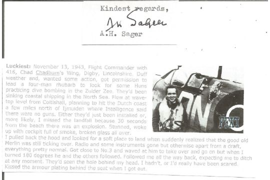 Sqn Ldr Arthur Hazelton Sager WW2 Fighter Ace Small Signature Piece ...