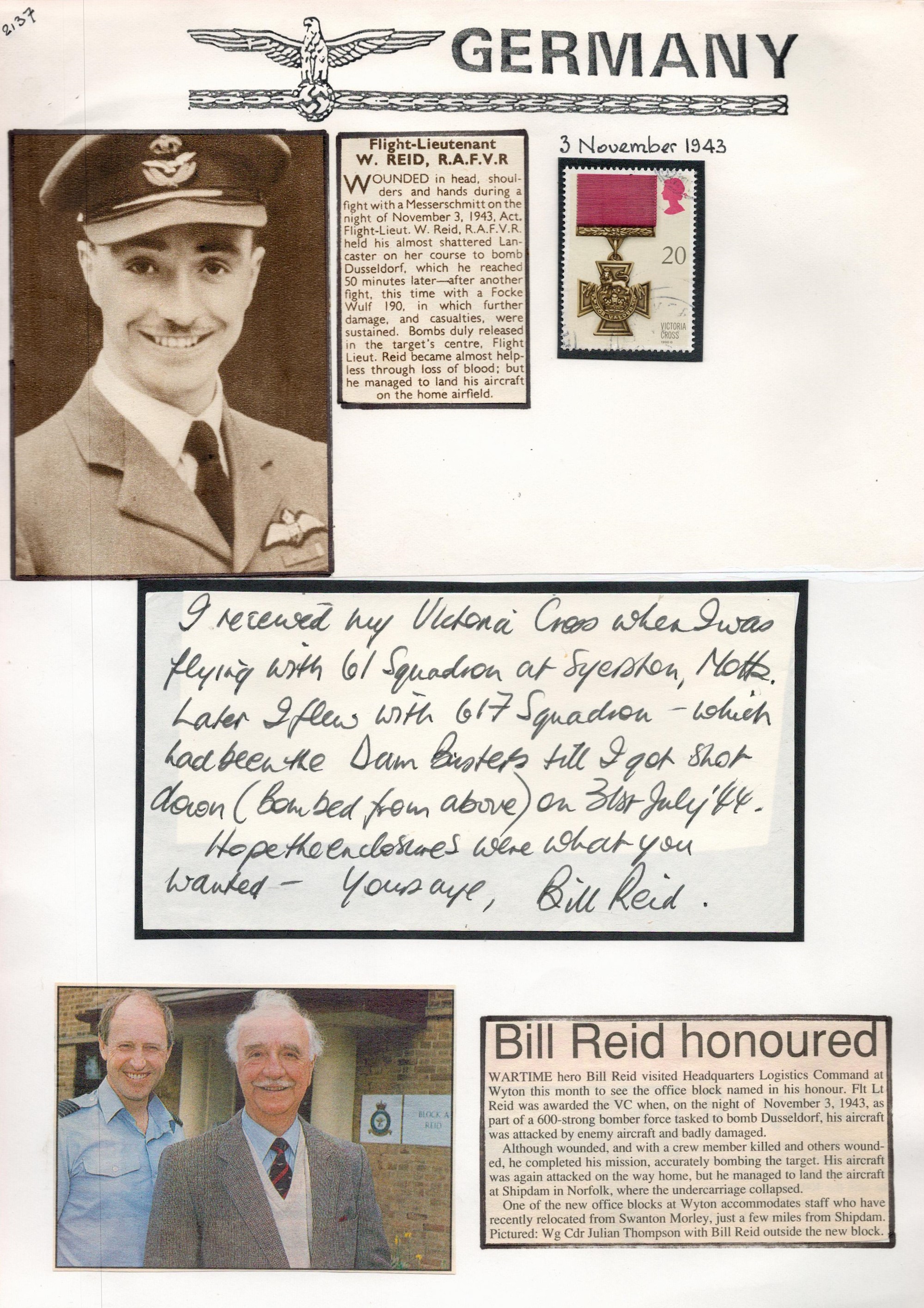 WW2 Bill Reid VC Signed card stating how he got his VC Award, attached ...