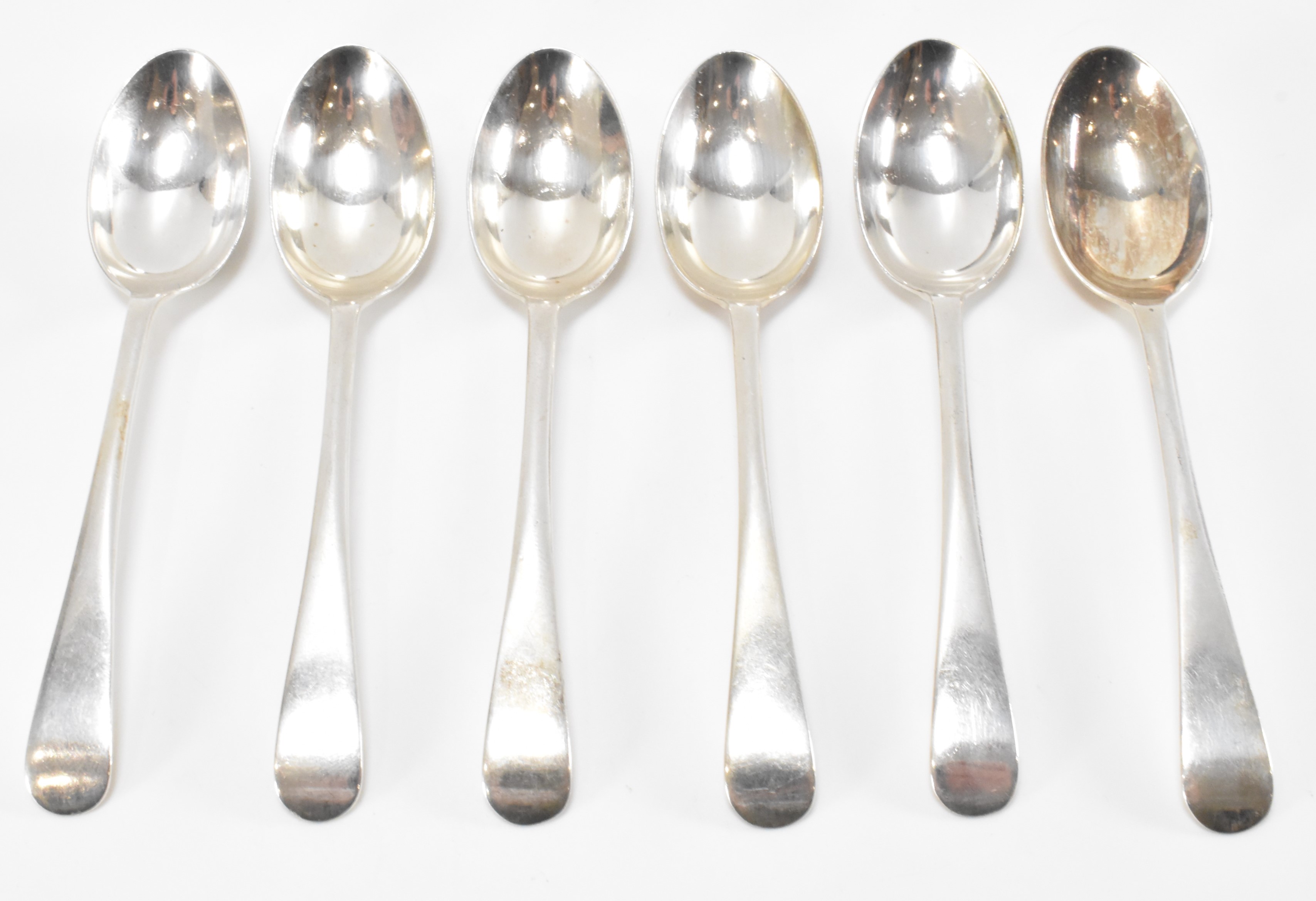 A set of six hallmarked silver Art Deco era 1930s teaspoons. Makers ...