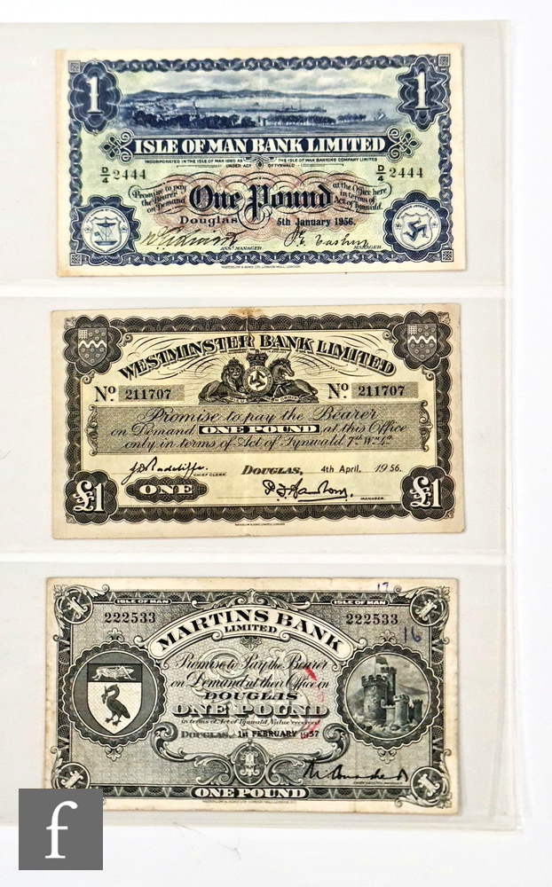 Three Isle of Man banknotes, a 1957 Martins Bank Limited one pound note ...