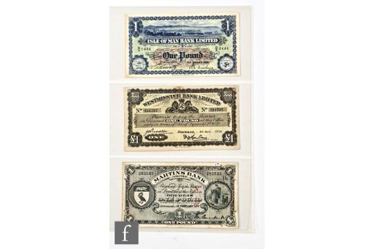 Three Isle of Man banknotes, a 1957 Martins Bank Limited one pound note ...