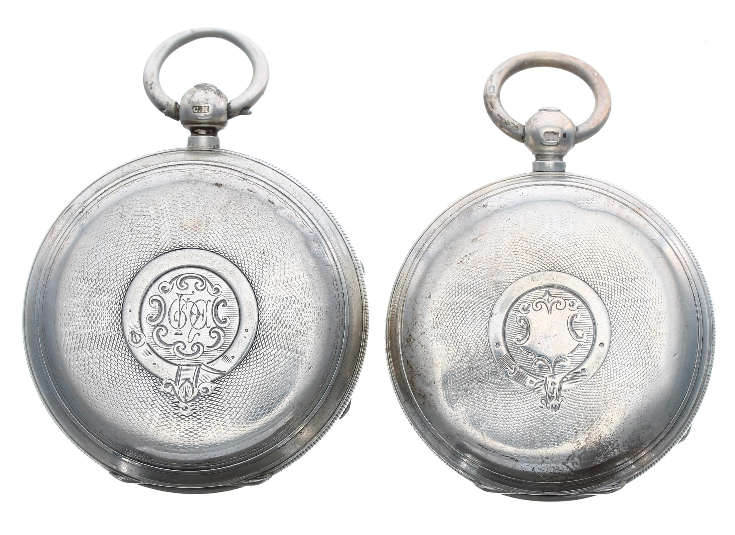 Two Victorian silver lever engine turned pocket watches, the movements ...