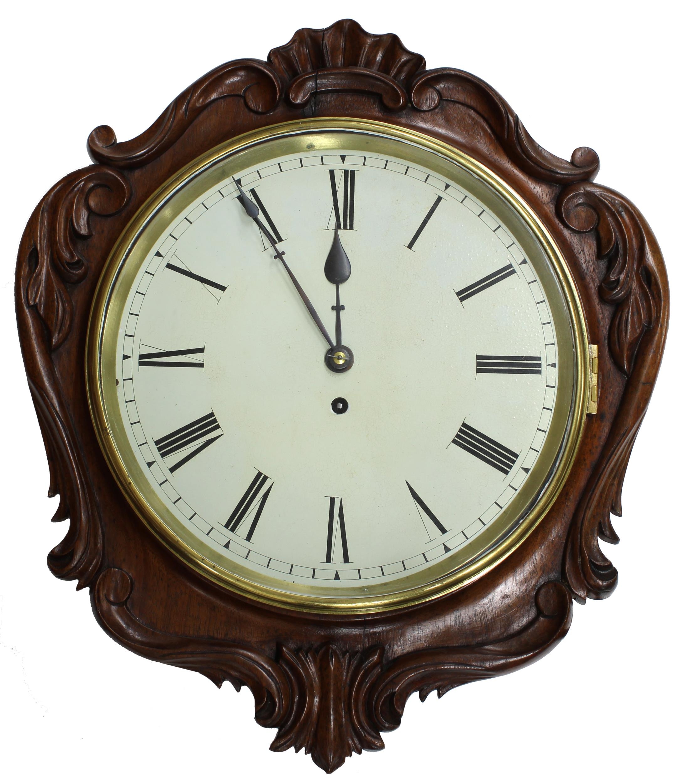 Mahogany single fusee 12" wall dial clock, within a foliate carved ...