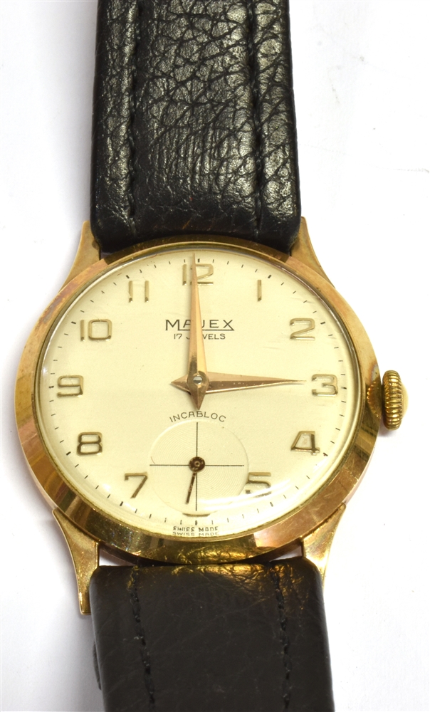 A BOXED GENTS GOLD CASED MAJEX WRISTWATCH with original guarantee, the ...