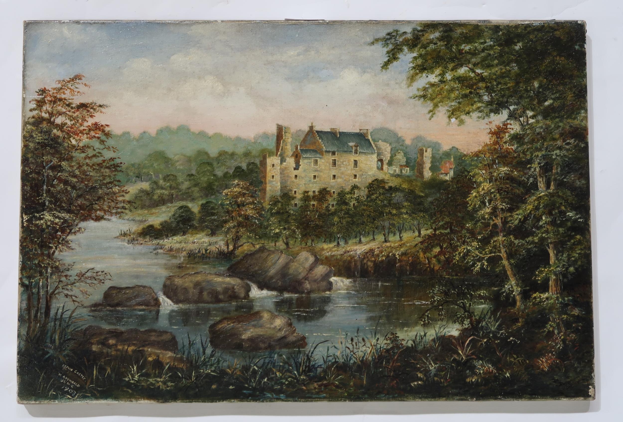 W ARCHIBALD Roslin Castle, signed, oil on canvas, dated, 1903, 36 x ...