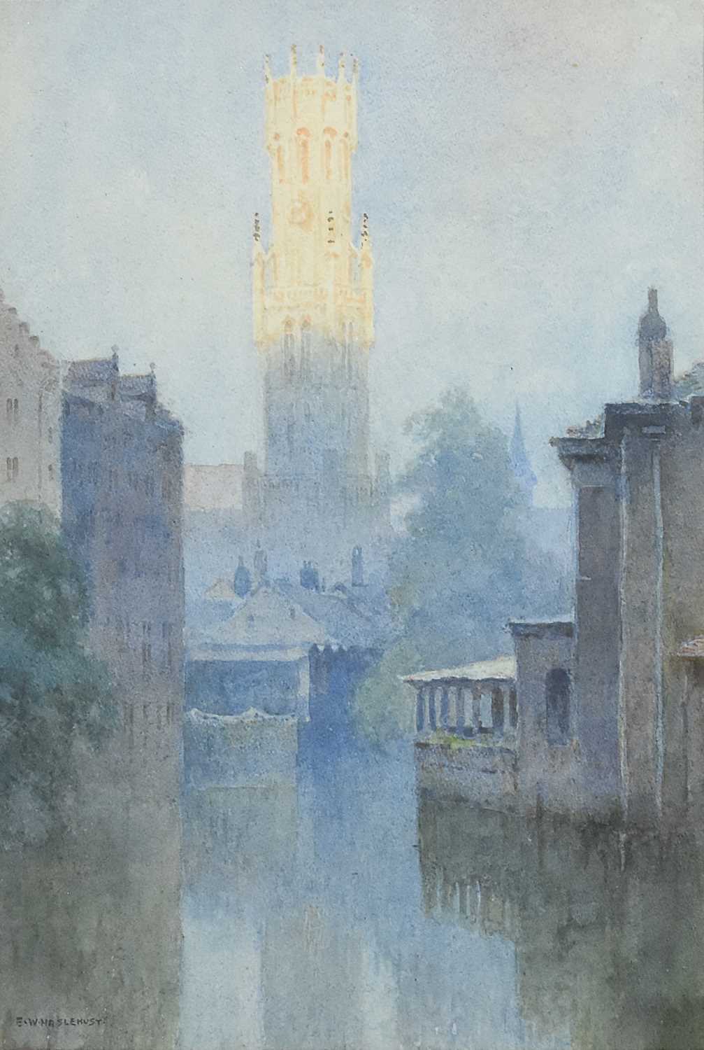 Ernest William Haslehurst (1866-1949) Bruges Canal Scene with Belfry ...