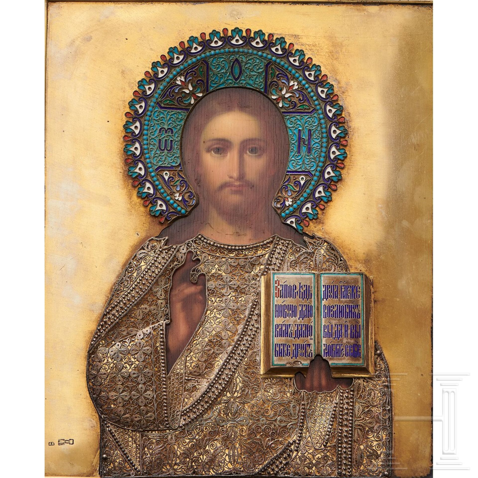 Prunkvolle Ikone "Christus Pantokrator" mit Cloisonné-Emaille-Oklad ...