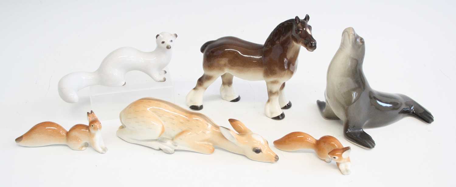 A collection of six 'Made in USSR' glazed ceramic animal figures, to ...