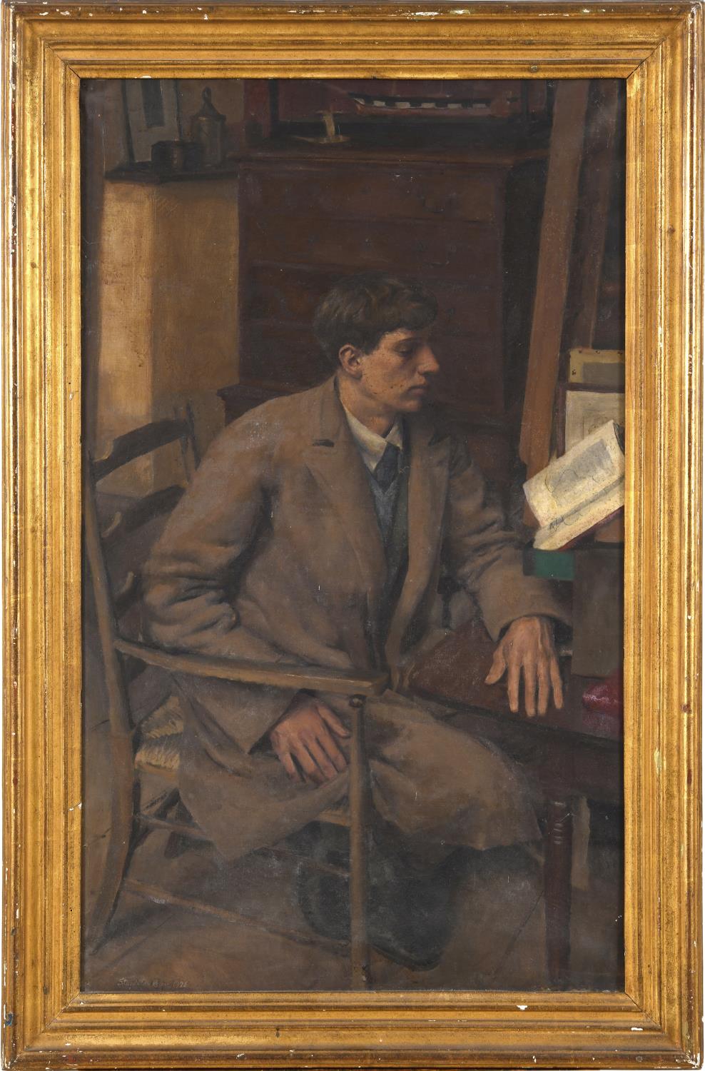 STEPHEN BONE (1904-1958). PORTRAIT OF GAVIN BONE, SEATED, READING AT A ...