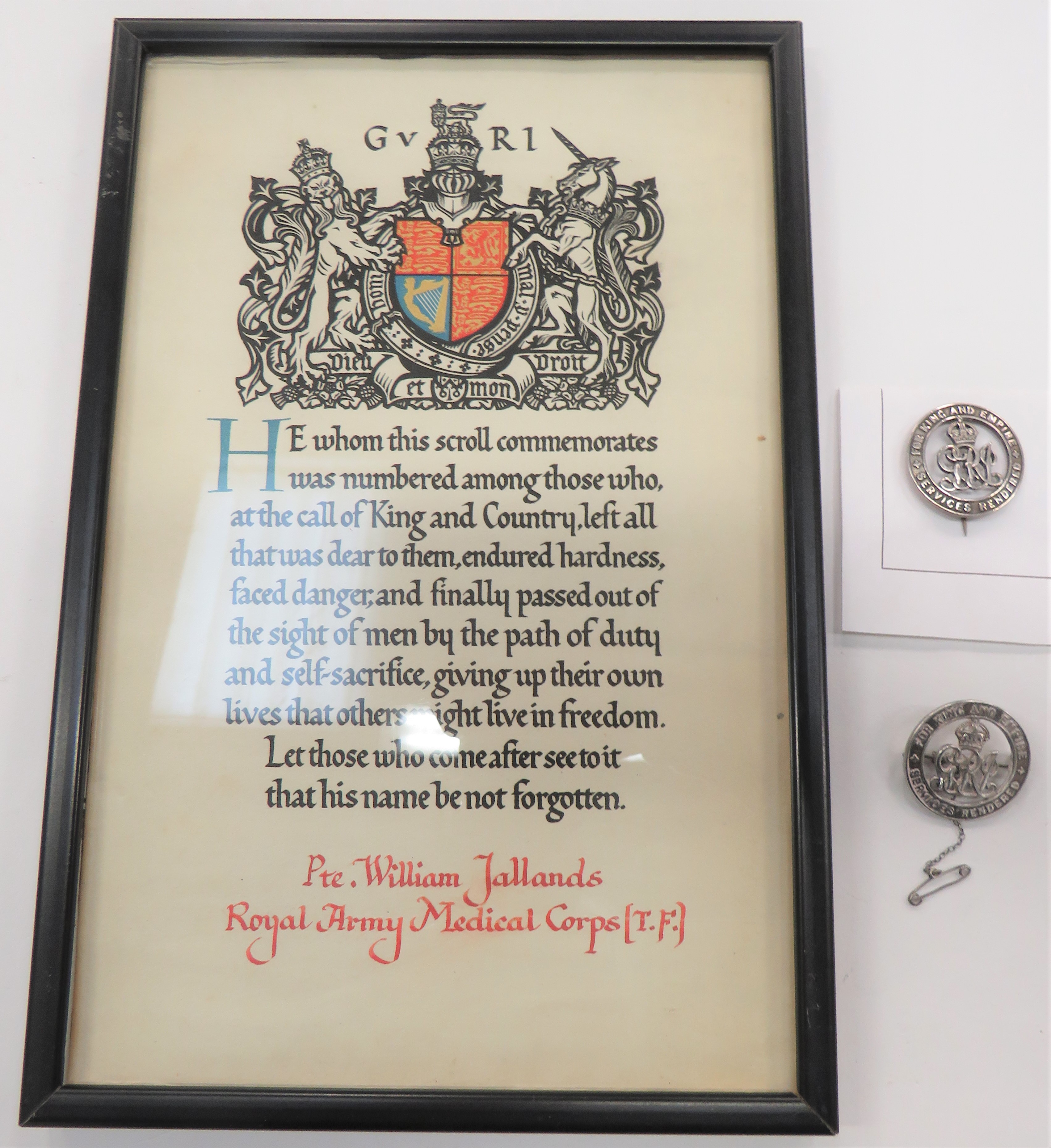 WW1 Casualty Scroll and Services Rendered Badges consisting WW1 ...