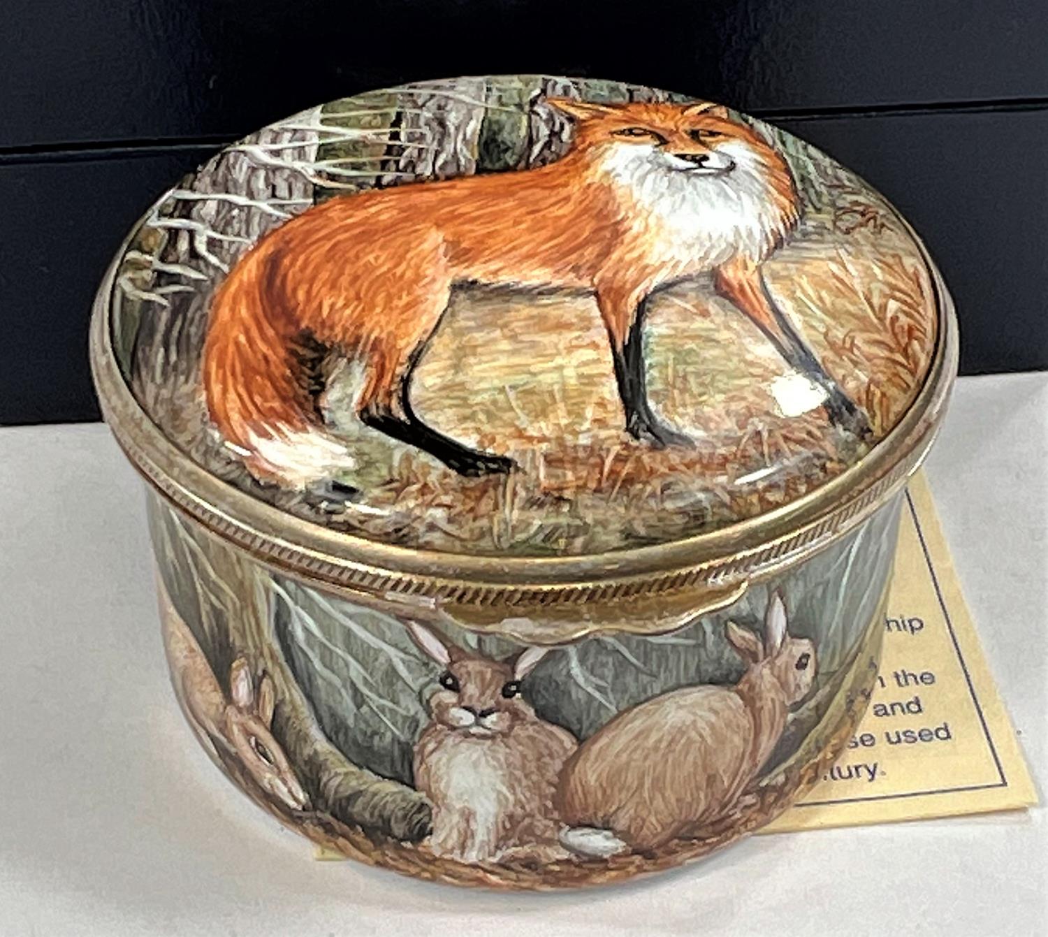 A Moorcroft enamel hand painted pill box decorated with fox, hedgehog ...