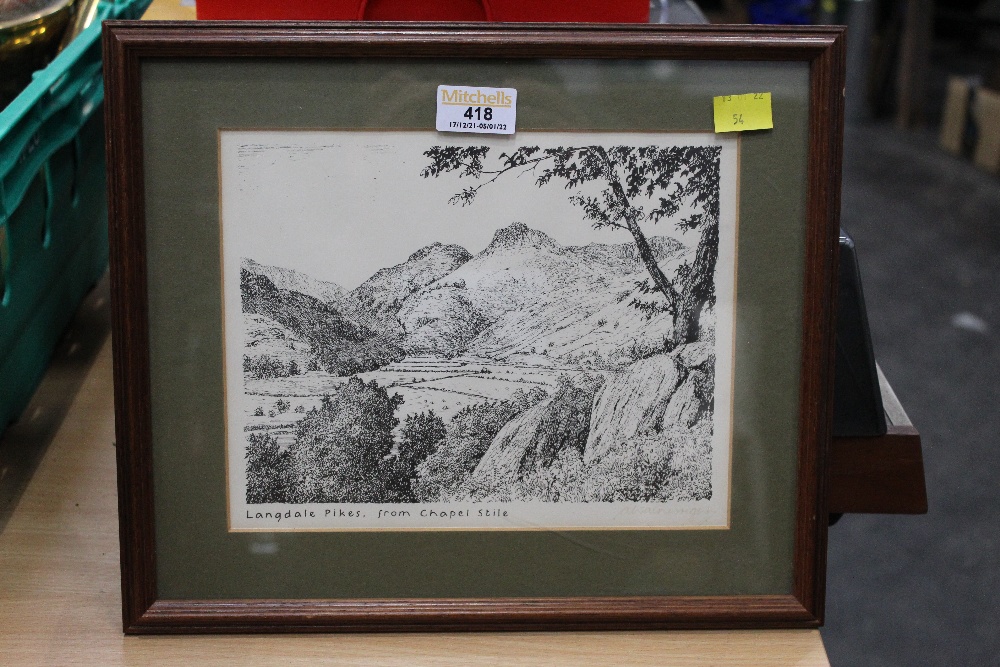 Alfred Wainwright signed print Langdale Pikes from Chapel Stile