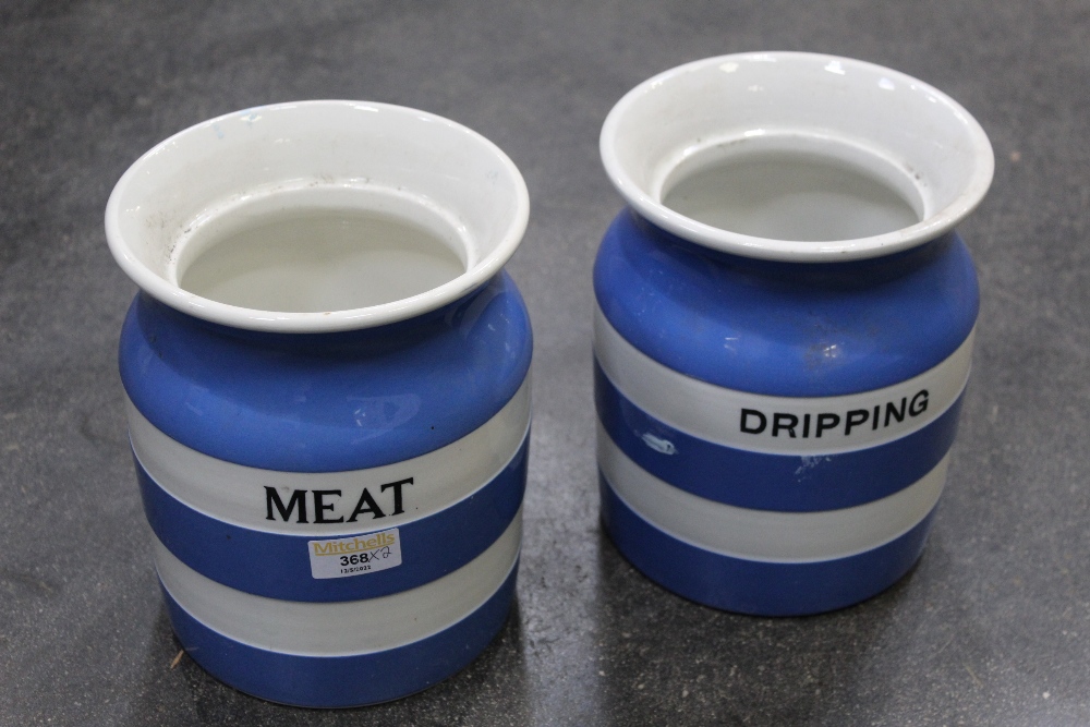 Two T & G Green Cornishware storage jars, "Dripping" and "Meat"