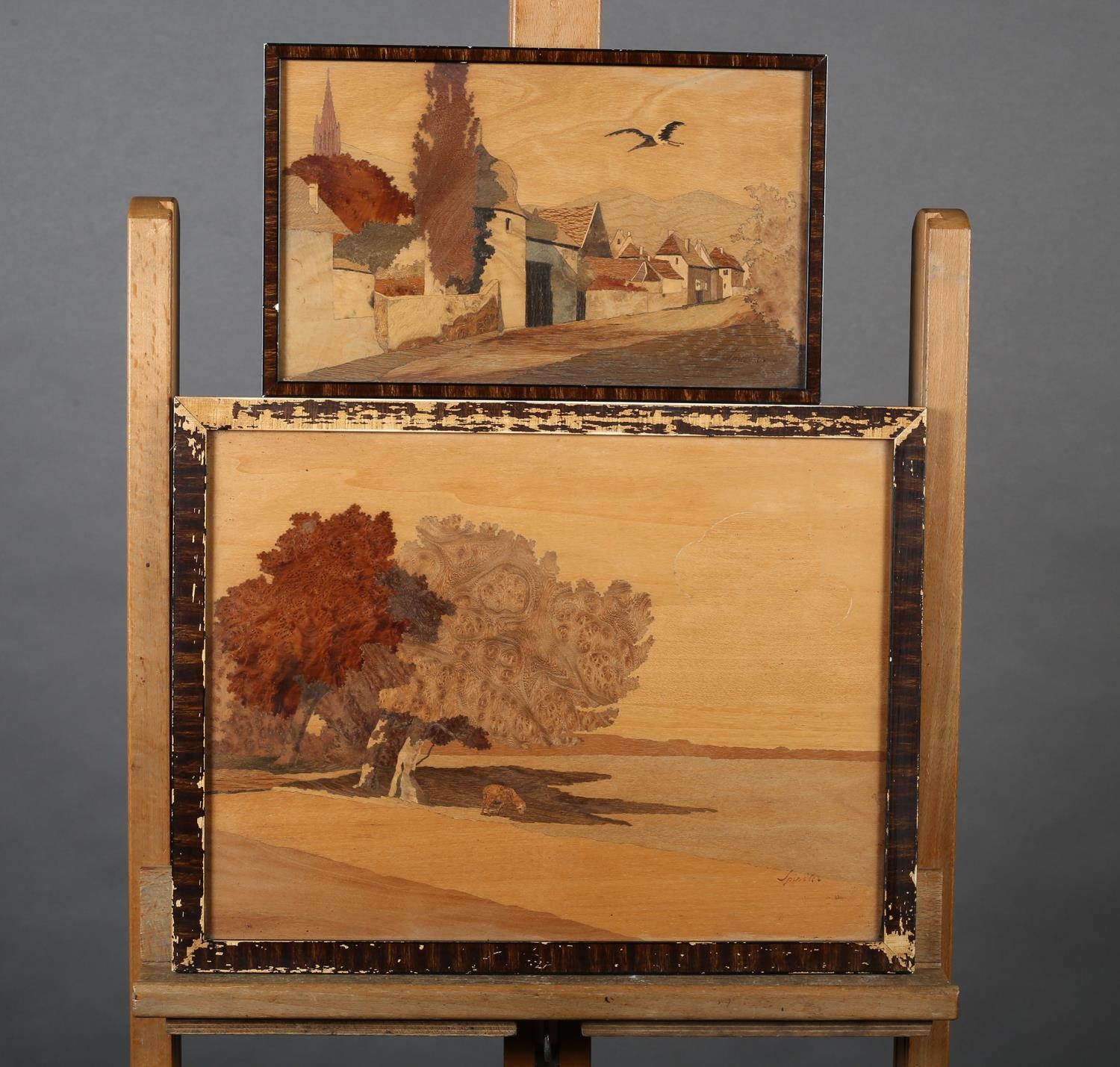 CHARLES SPINDLER (French 1865-1938), In Provence and Thann, marquetry ...