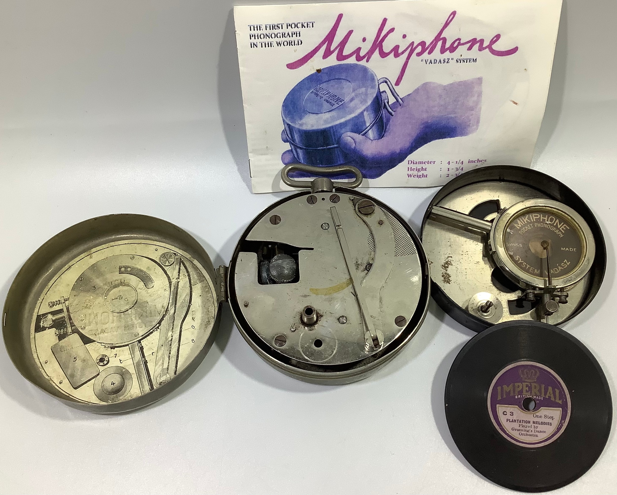 A 1920s System Vadász ‘Mikiphone’ pocket phonograph, housed in tin and ...