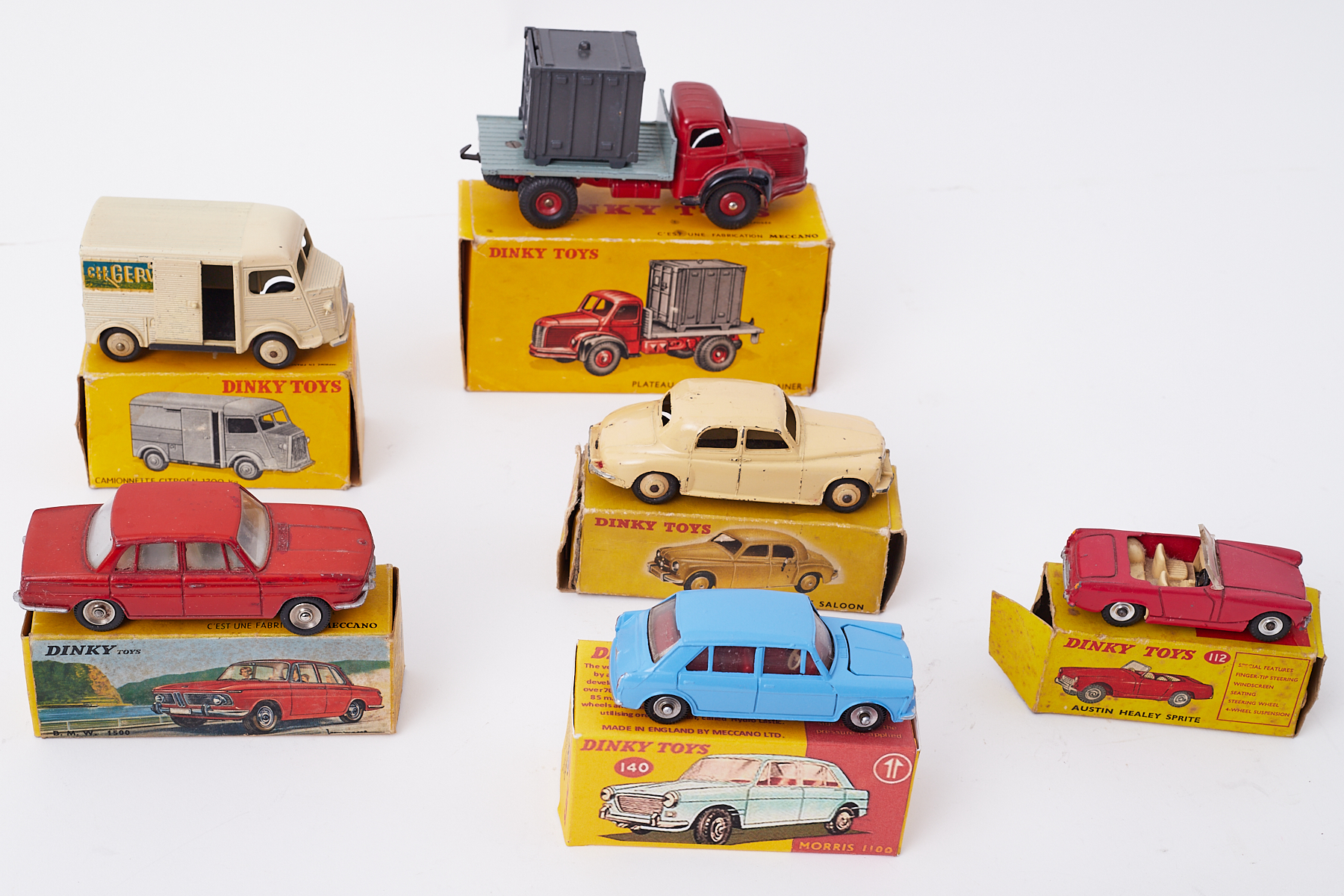 Six Dinky models including, 112 Austin Healy Sprite, 156 Rover 75 ...