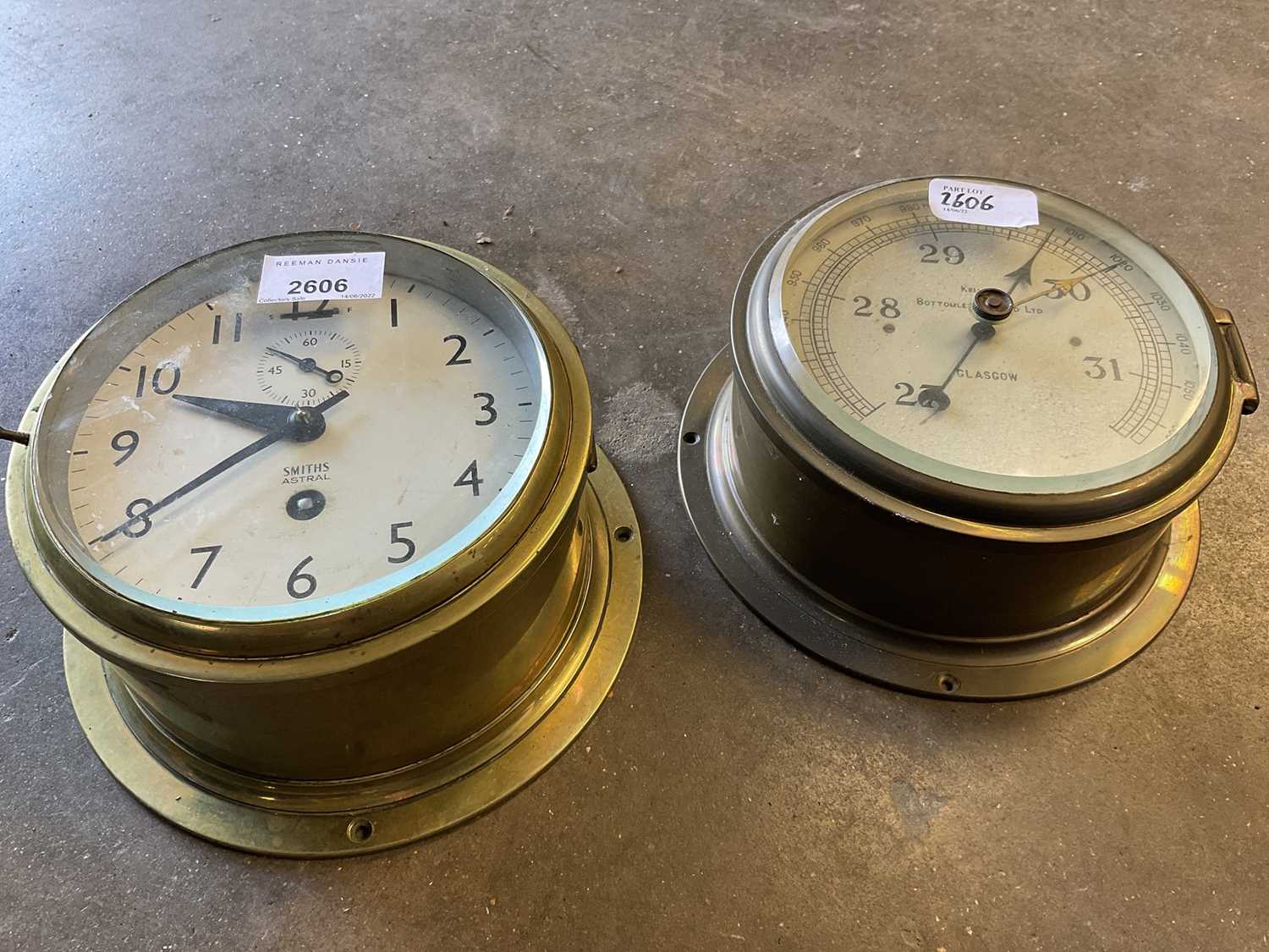 Bulkhead barometer by Bottomley and Baird, together with a ships clock
