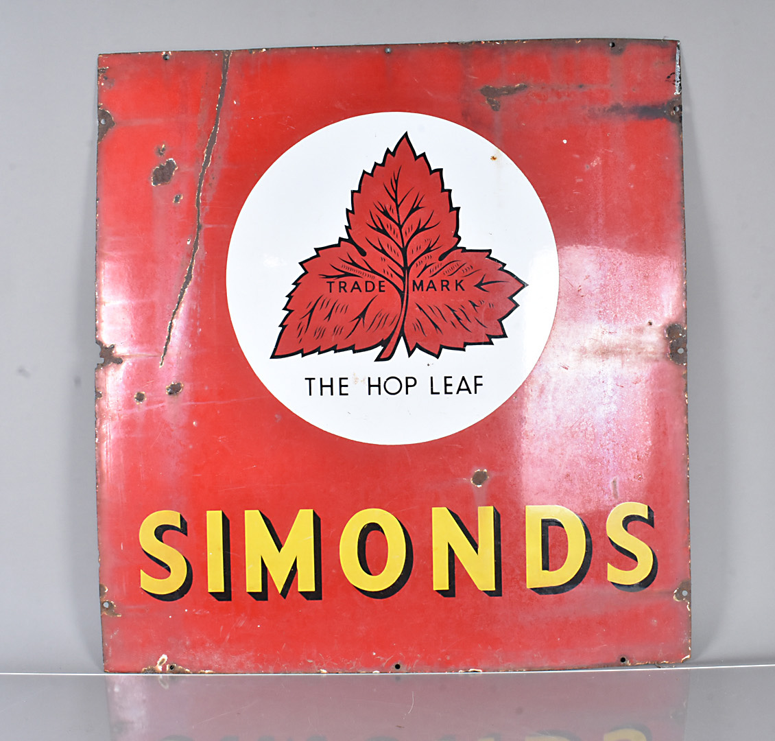 A vintage enamel Simonds sign, with traditional maple leaf design to ...
