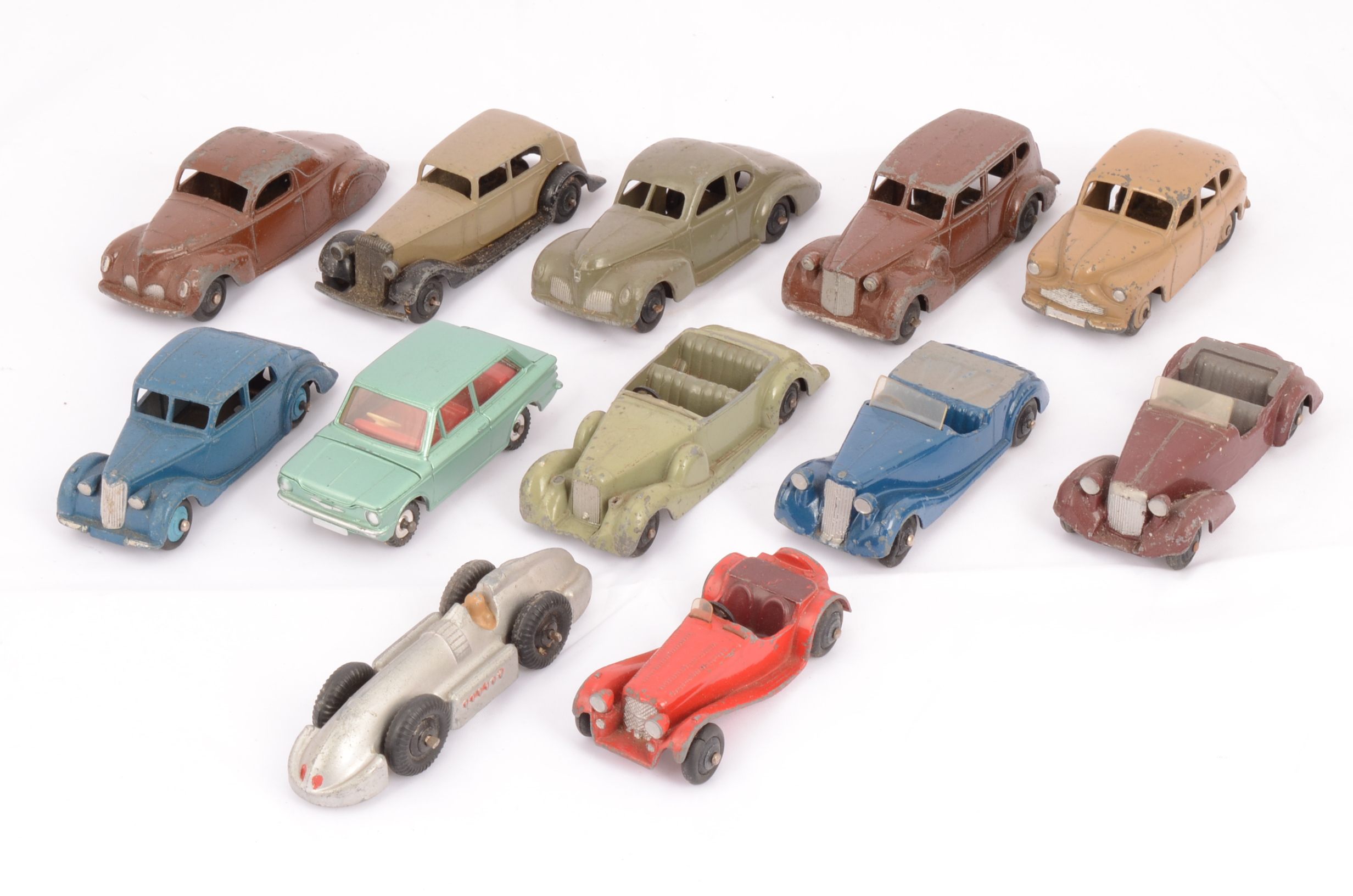 Dinky Toy Cars, including scarce 40a Riley Saloon, mid blue body, light ...