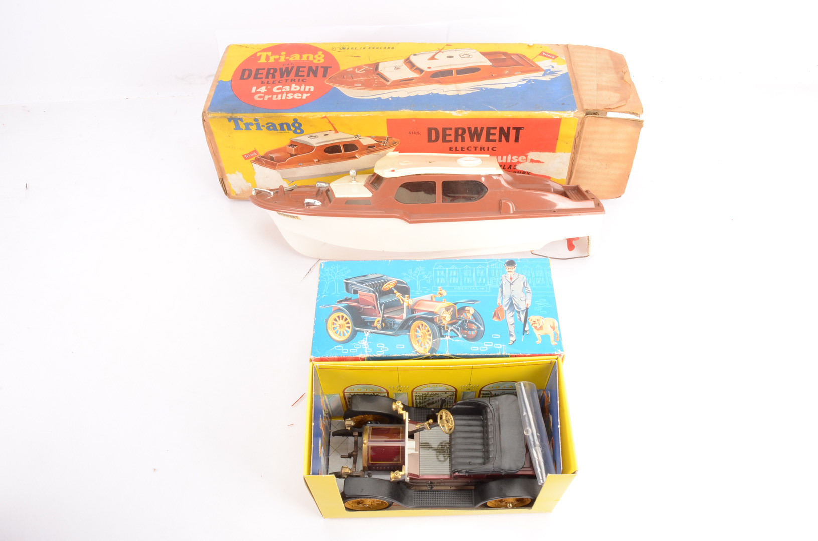 Triang Derwent Cabin Cruiser and Schuco Old Timer, both boxed Triang ...
