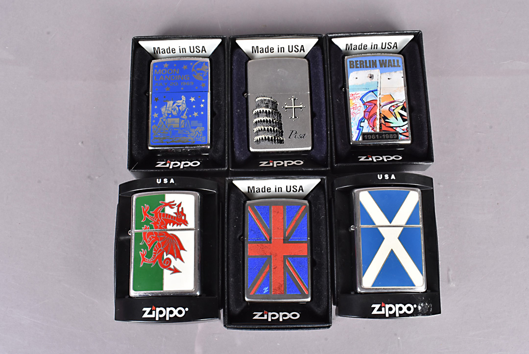 A group of six Zippo lighters, comprising Union Jack (15), Scottish ...