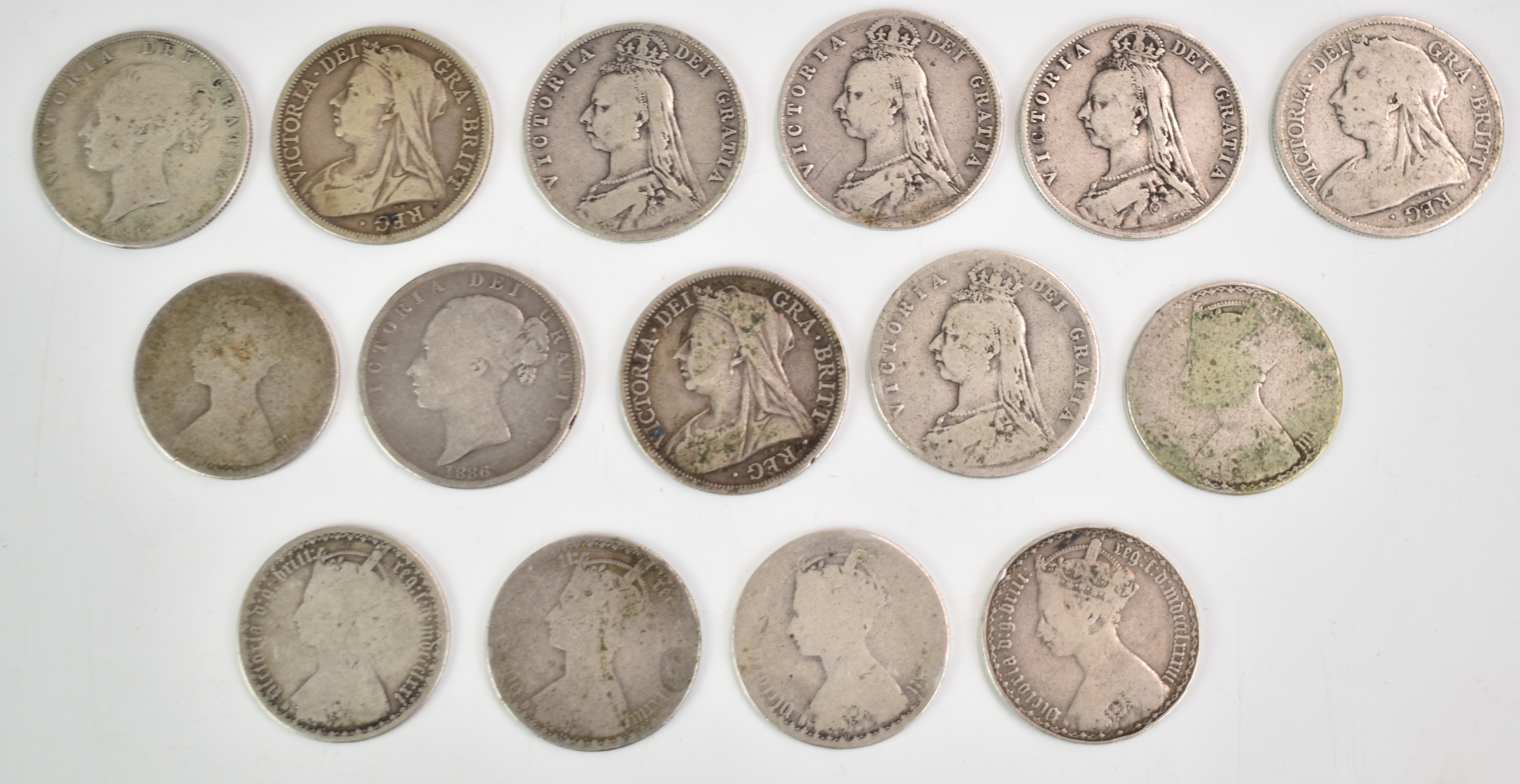 Fifteen Victorian silver coins comprising nine half crowns 1842 to 1891 ...