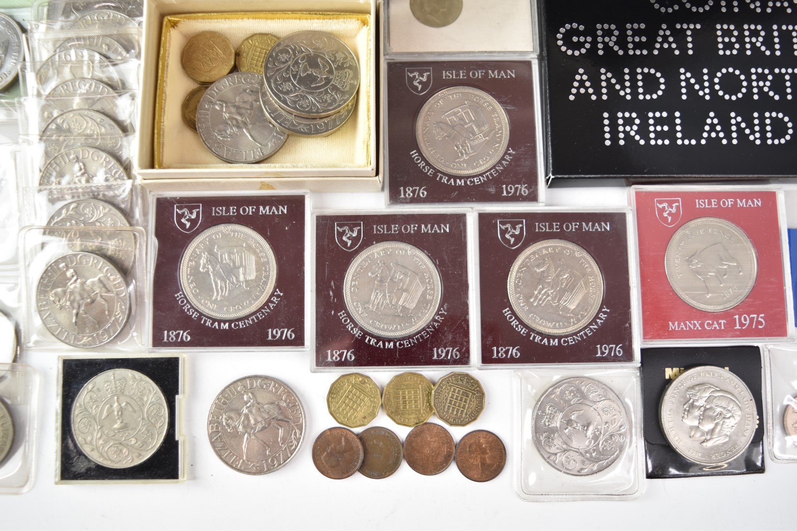 A collection of coins including last LSD and first decimal set, modern ...