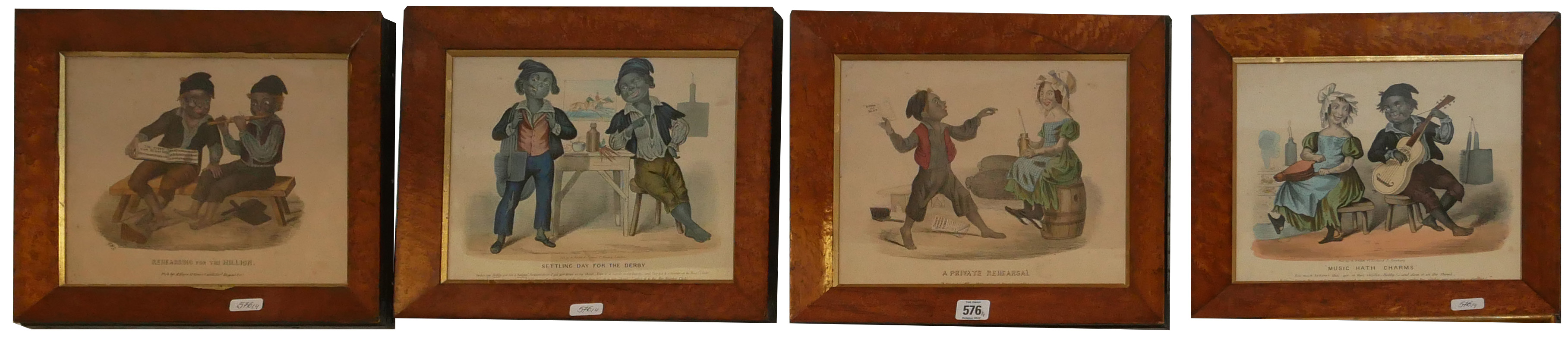 A SET OF FOUR EARLY VICTORIAN AMUSING HAND COLOURED LITHOGRAPH PLATES ...