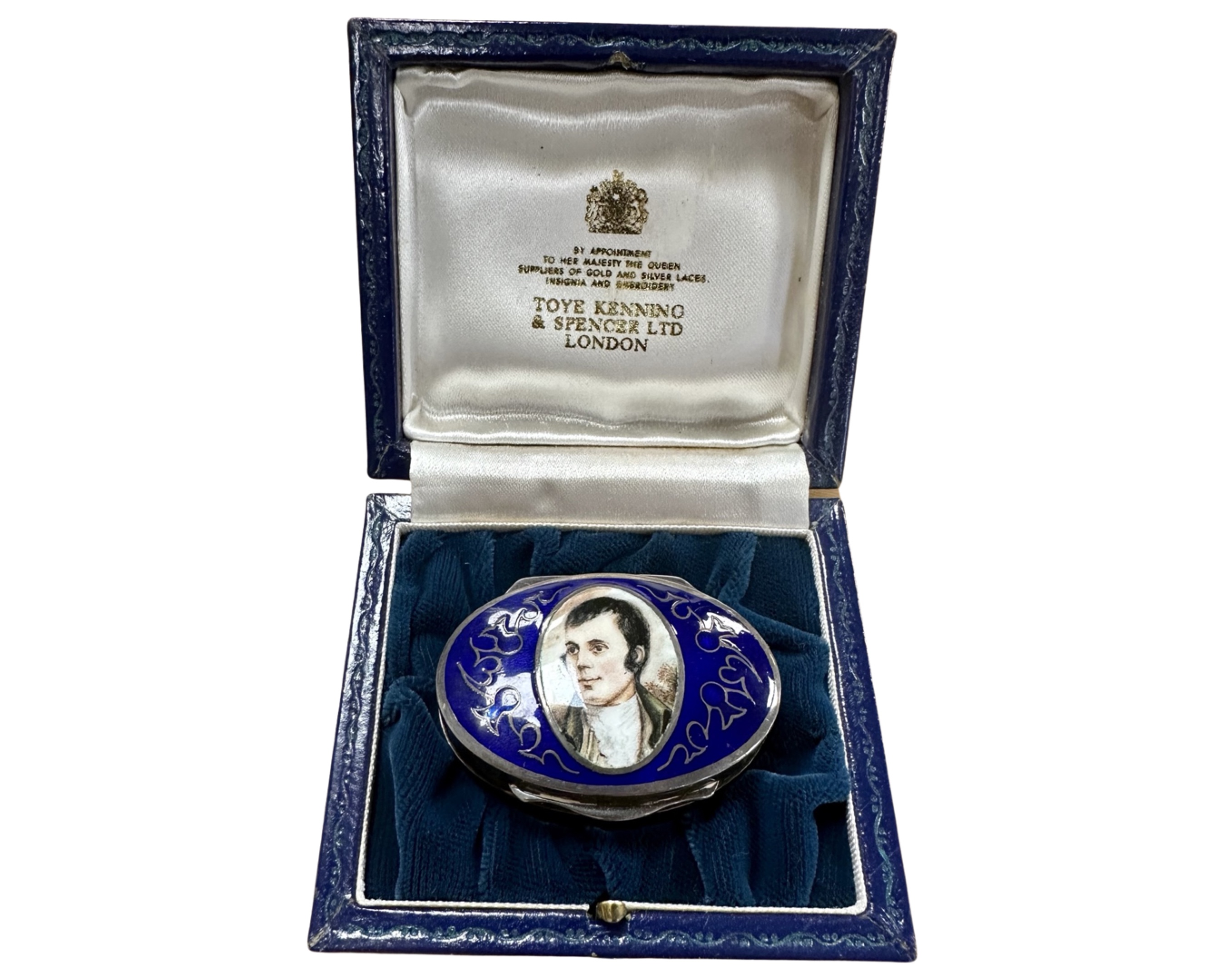 A silver and enamel pill box depicting Robert Burns, by Toye Kenning ...